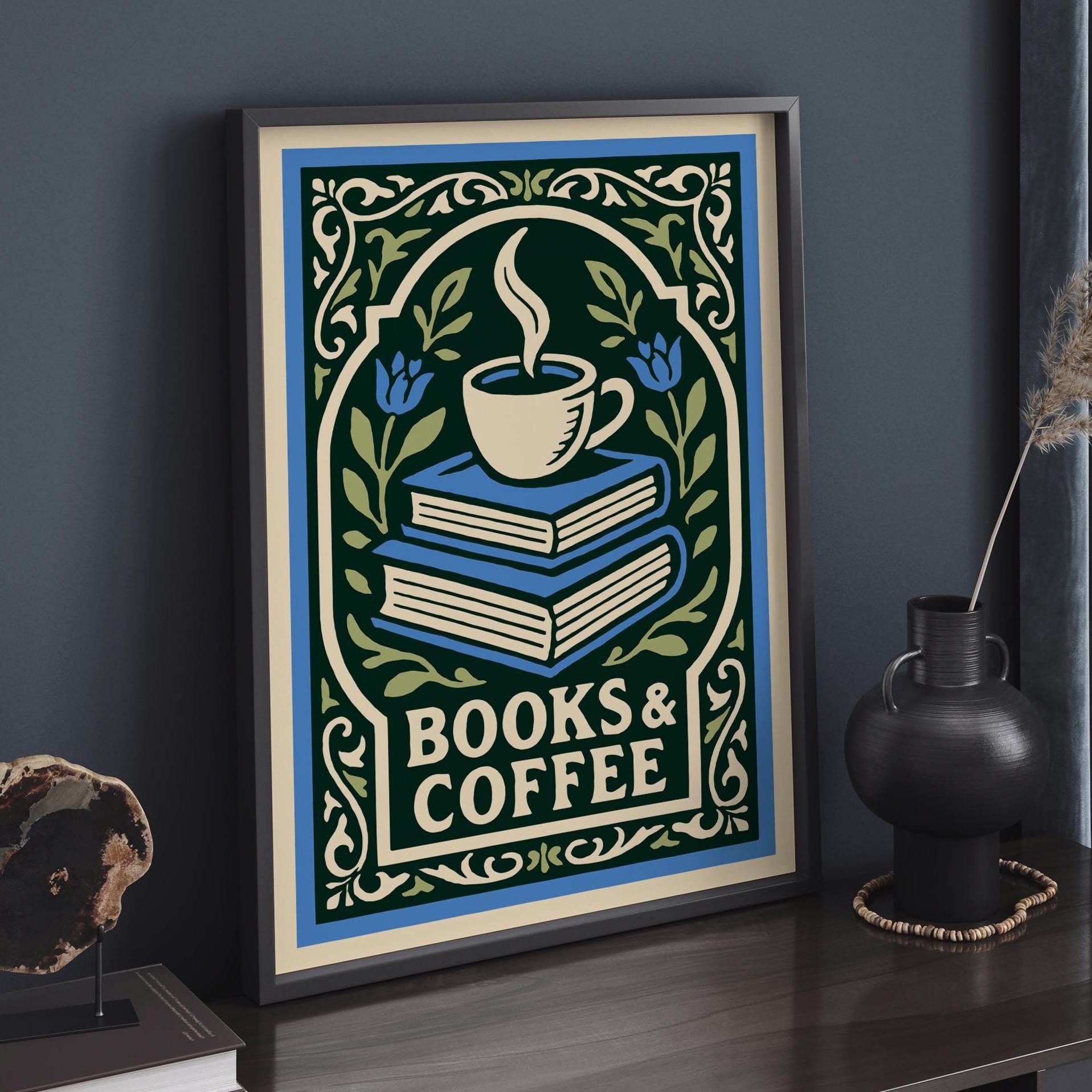 Rococo Books & Coffee Art Print: Vintage Botanical Literary Poster ...