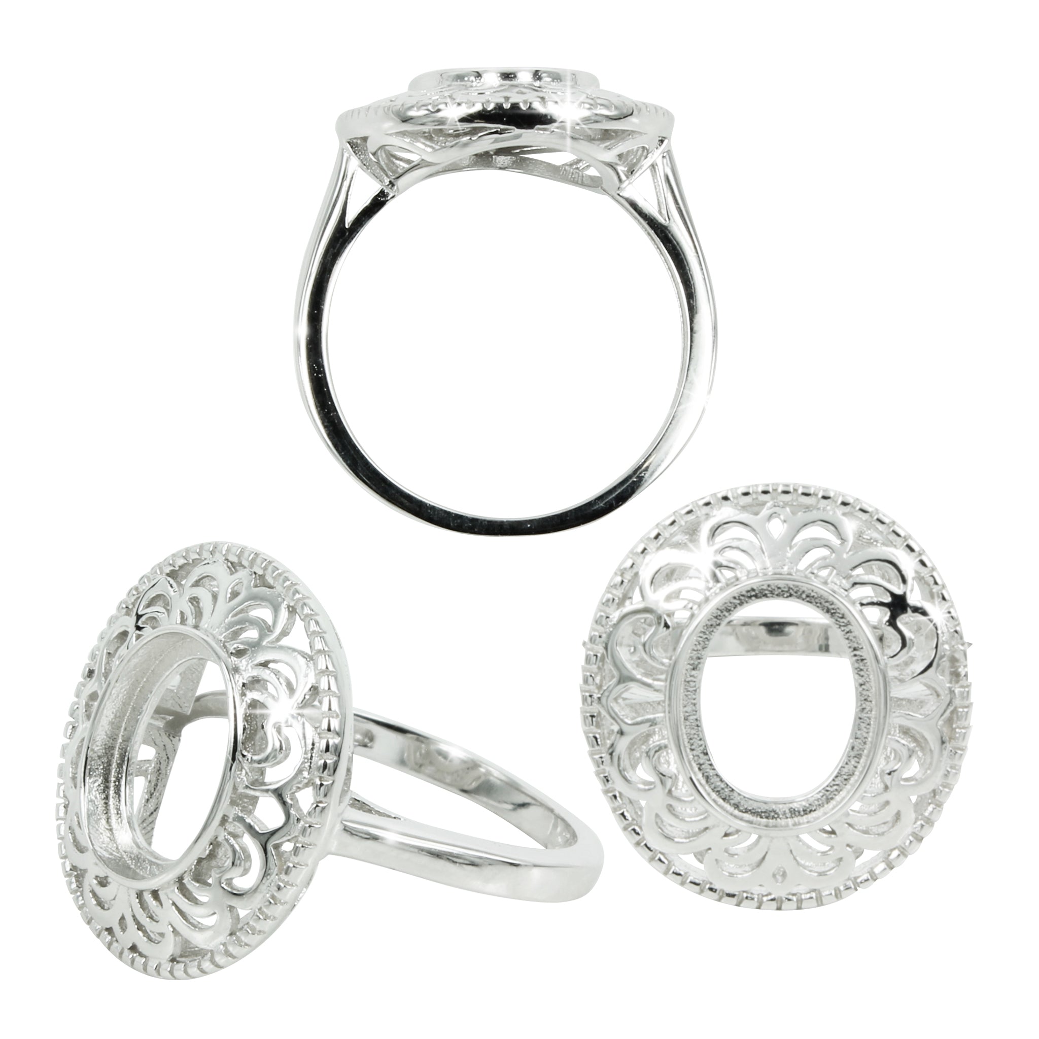 Rococo Filigree Halo Ring Setting with Oval Bezel Mounting in Sterling ...