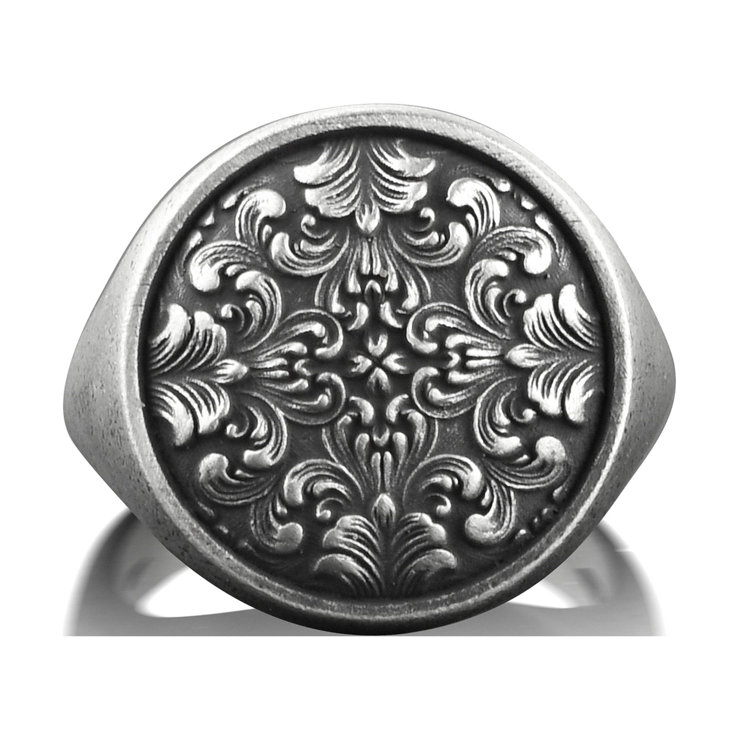 Rococo Floral Signet Ring For Men, Round Mens Signet Ring in Sterling ...