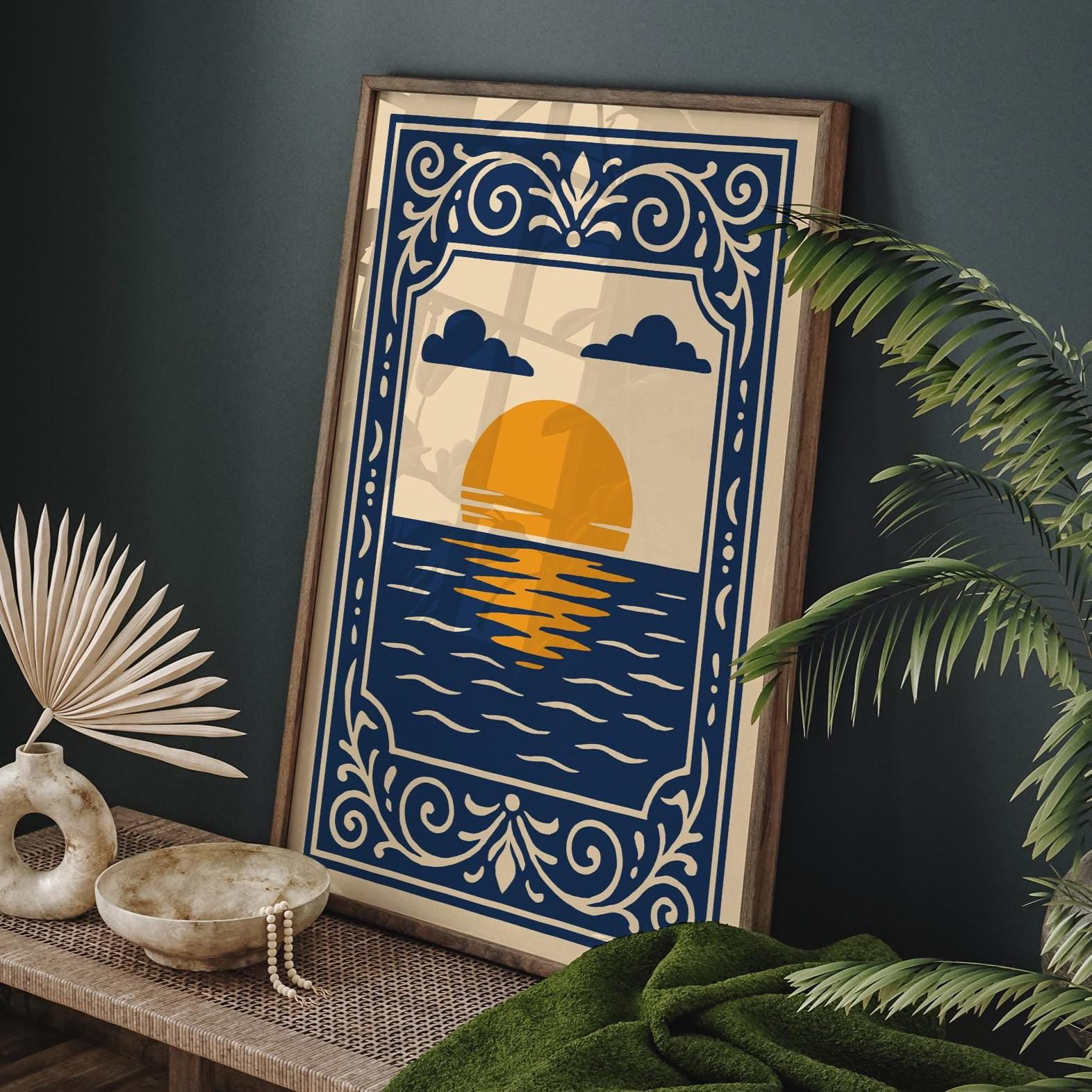 Rococo Sunset Ocean Print: Blue & Yellow Beach Landscape UNFRAMED ...
