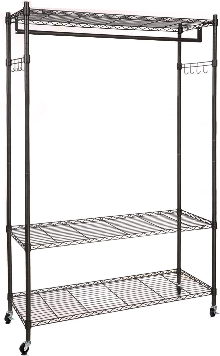 Rod Garment Rack 3 Tier Metal Wire Shelving Hang Large Rolling Movable ...