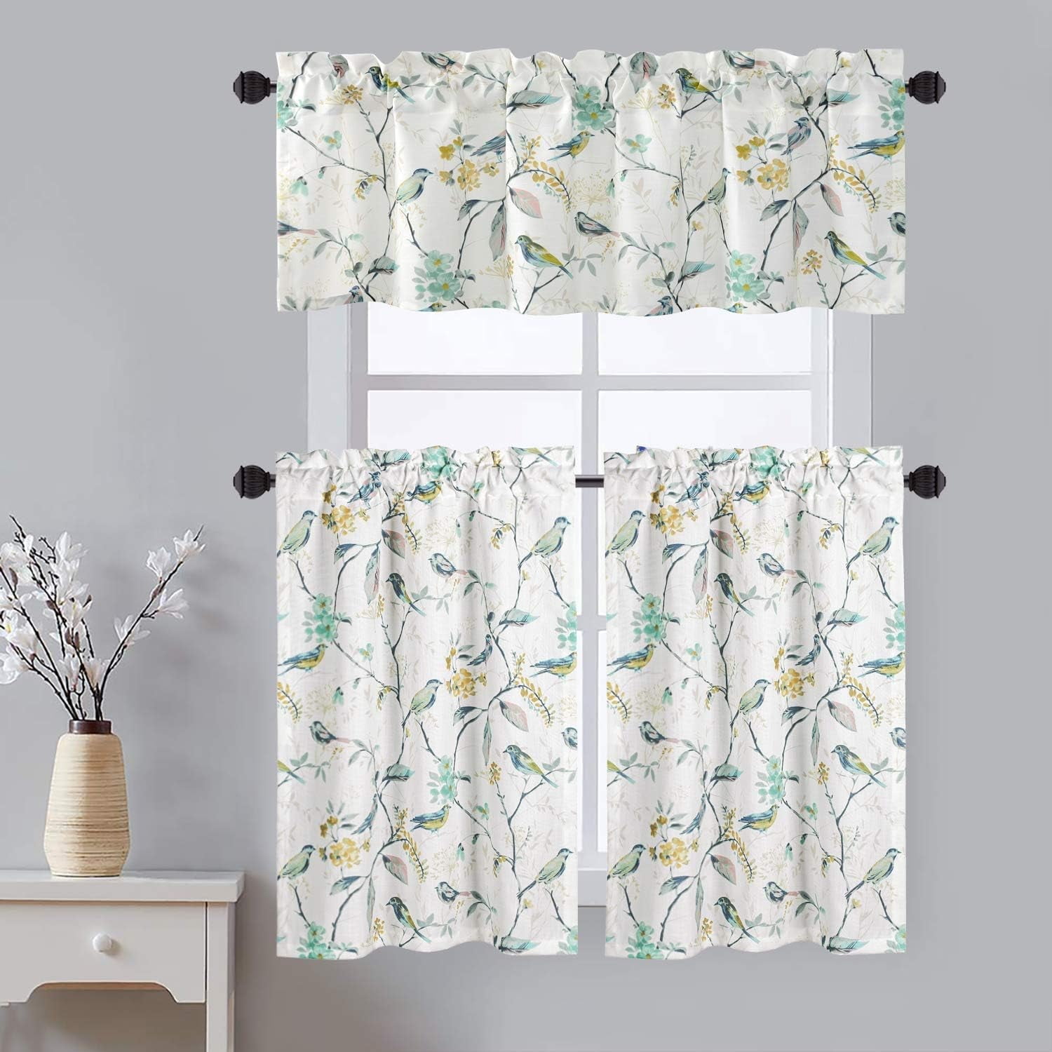 Rod Pocket Kitchen Tier Valances Set for Windows, Bird Printed Window ...