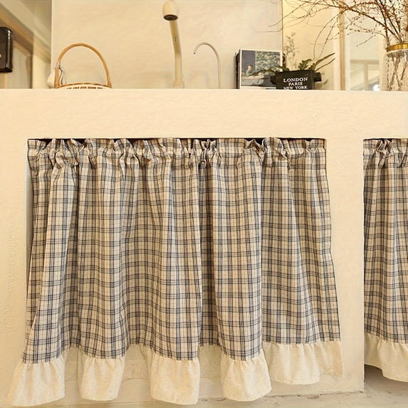 Rod‑Pocket Plaid Ruffled Short Curtain, Linen‑Blend Ruffle‑Trimmed Cafe ...