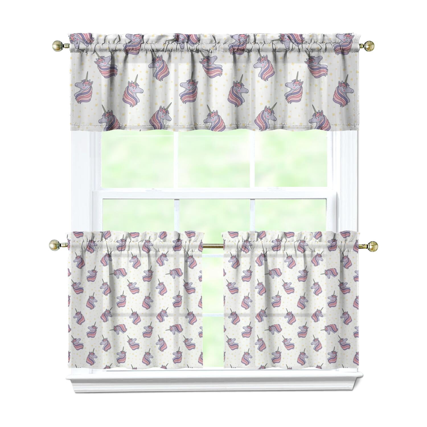 Rod Pocket Unicorn Curtains Set of 3 - White Semi-Sheer Tier Panels ...