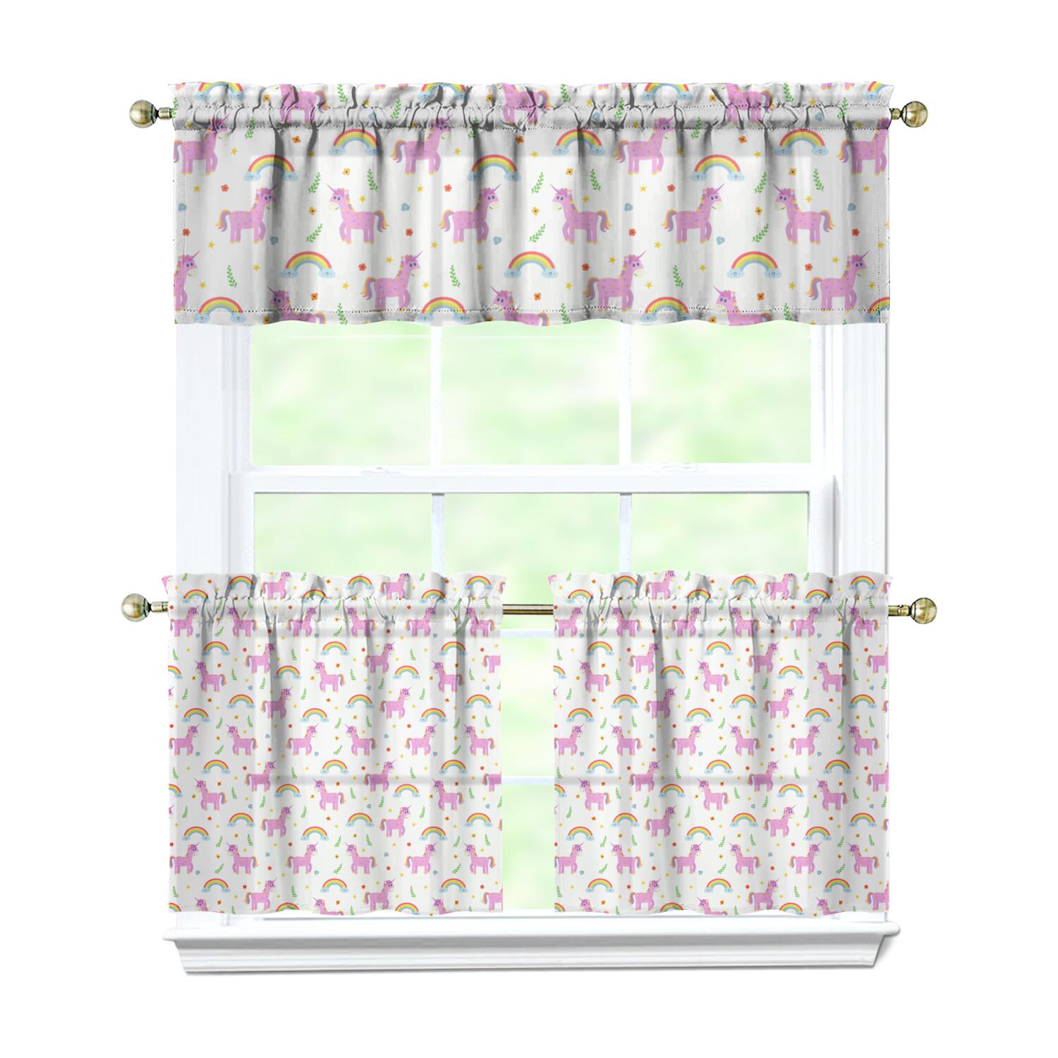 Rod Pocket Unicorn Curtains Set of 3 - White Semi-Sheer Tier Panels ...