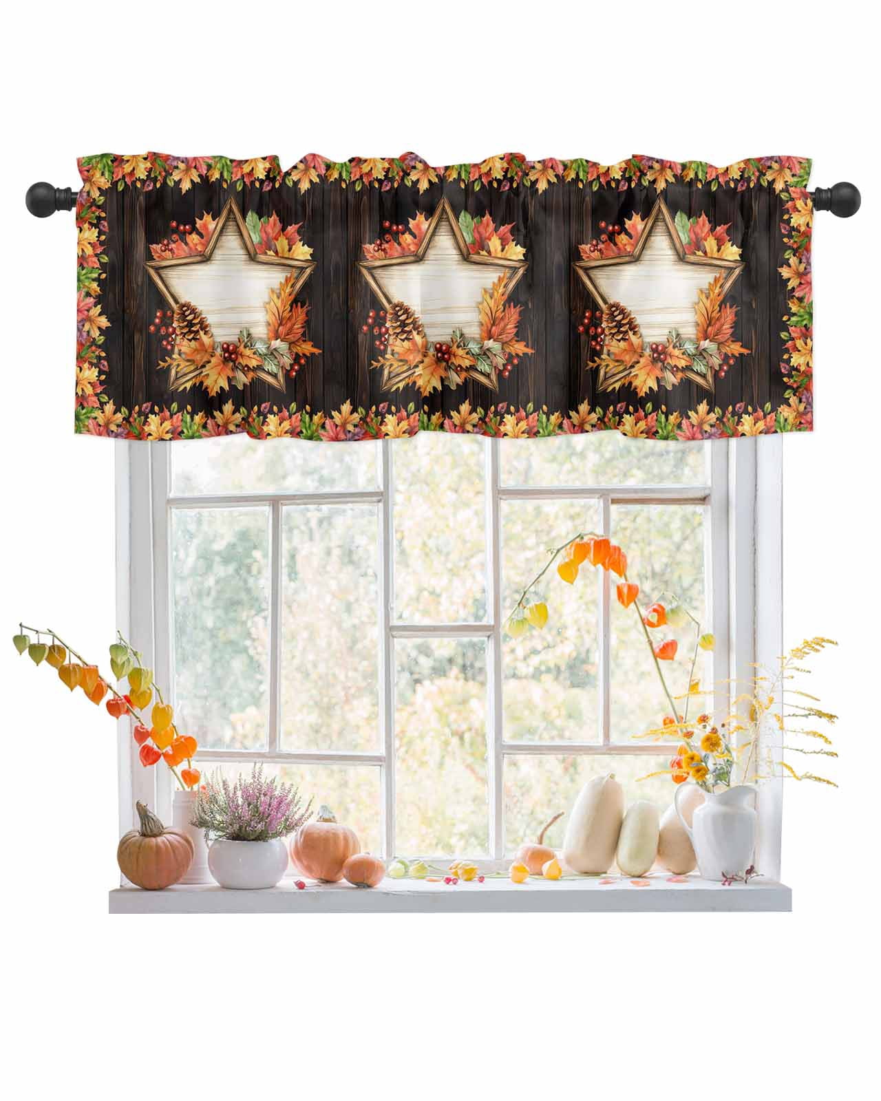 Rod Pocket Window Valances Autumn Leaves Pine Cones Short Kitchen ...