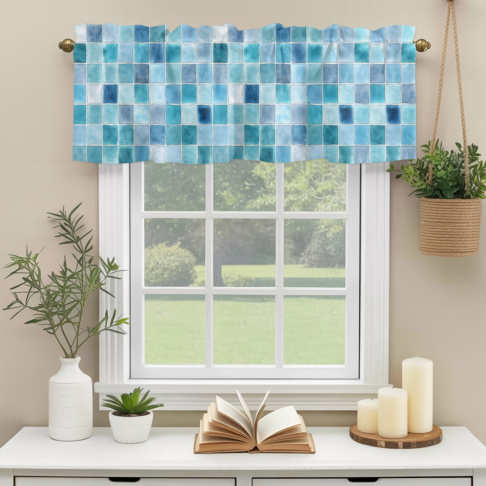 Rod Pocket Window Valances Blue White Color Block Short Kitchen ...