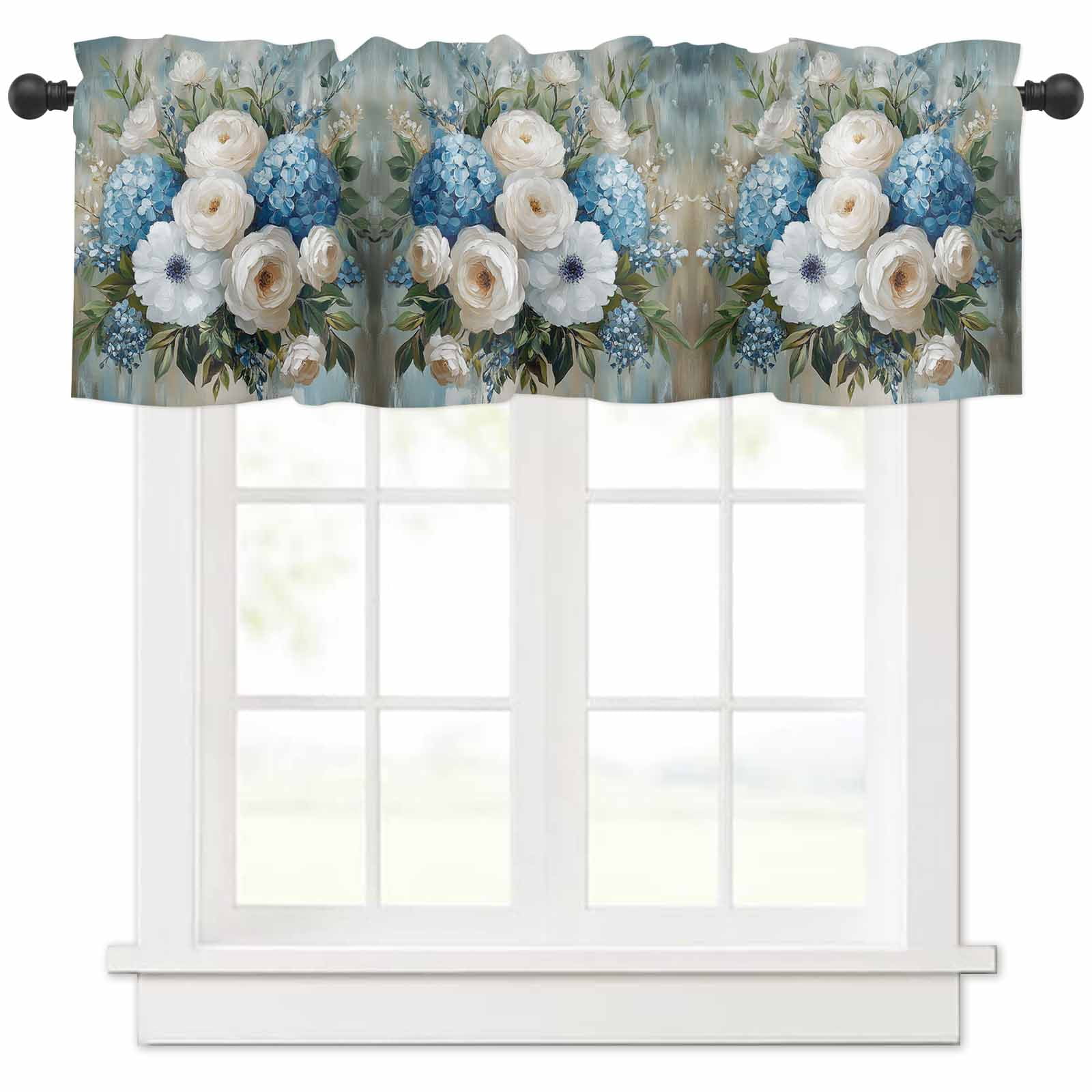 Rod Pocket Window Valances White Blue Hydrangeas Flower on Retro Short ...