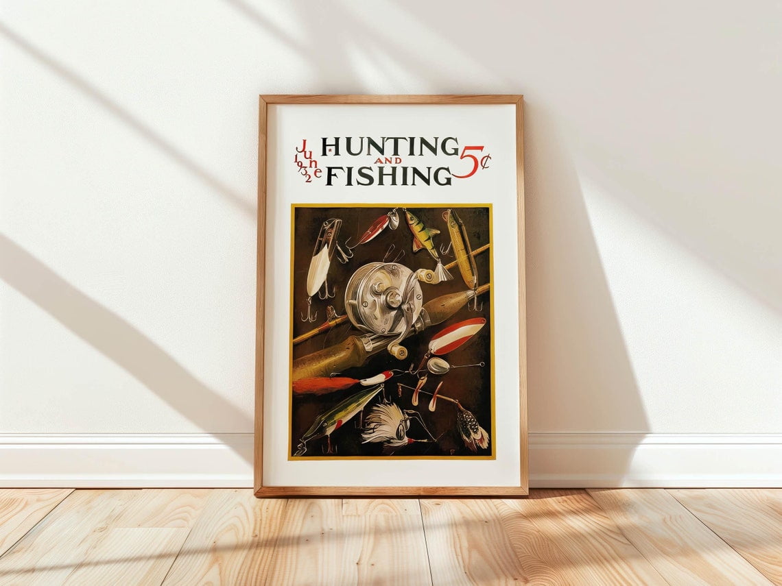 Rod + Reel Fishing Print Gift For Fisherman Art Poster Retro Angler ...