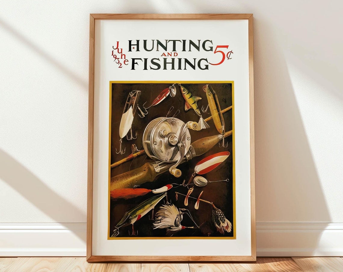 Rod + Reel Fishing Print Gift For Fisherman Art Poster Retro Angler ...