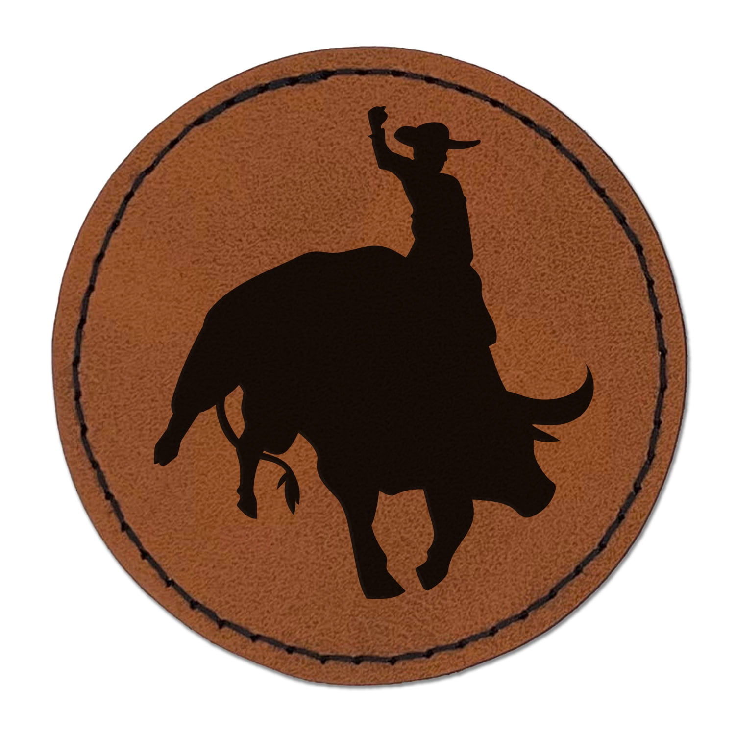 Rodeo Cowboy Riding on Bucking Bull 2.5" Faux Leather Round Engraved ...