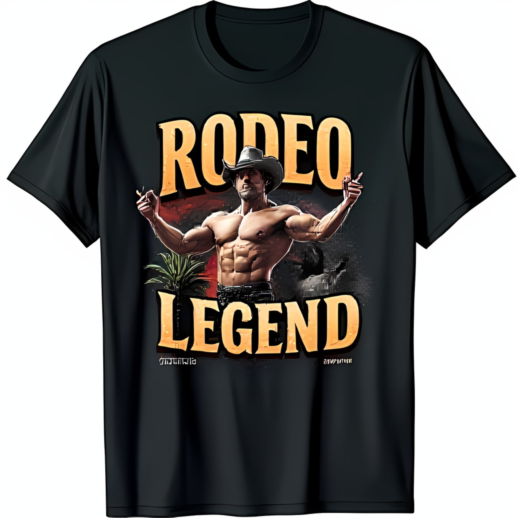 Rodeo Legend Black T-Shirt with Muscular Cowboy Graphic & Gold Print ...