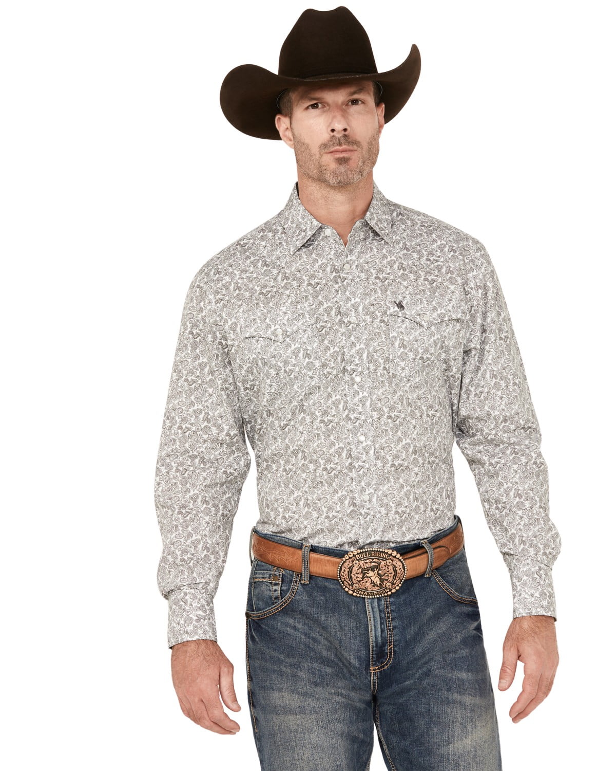 Rodeo Men's Clothing Paisley Print Long Sleeve Pearl Snap Western Shirt White XX- - Walmart.com