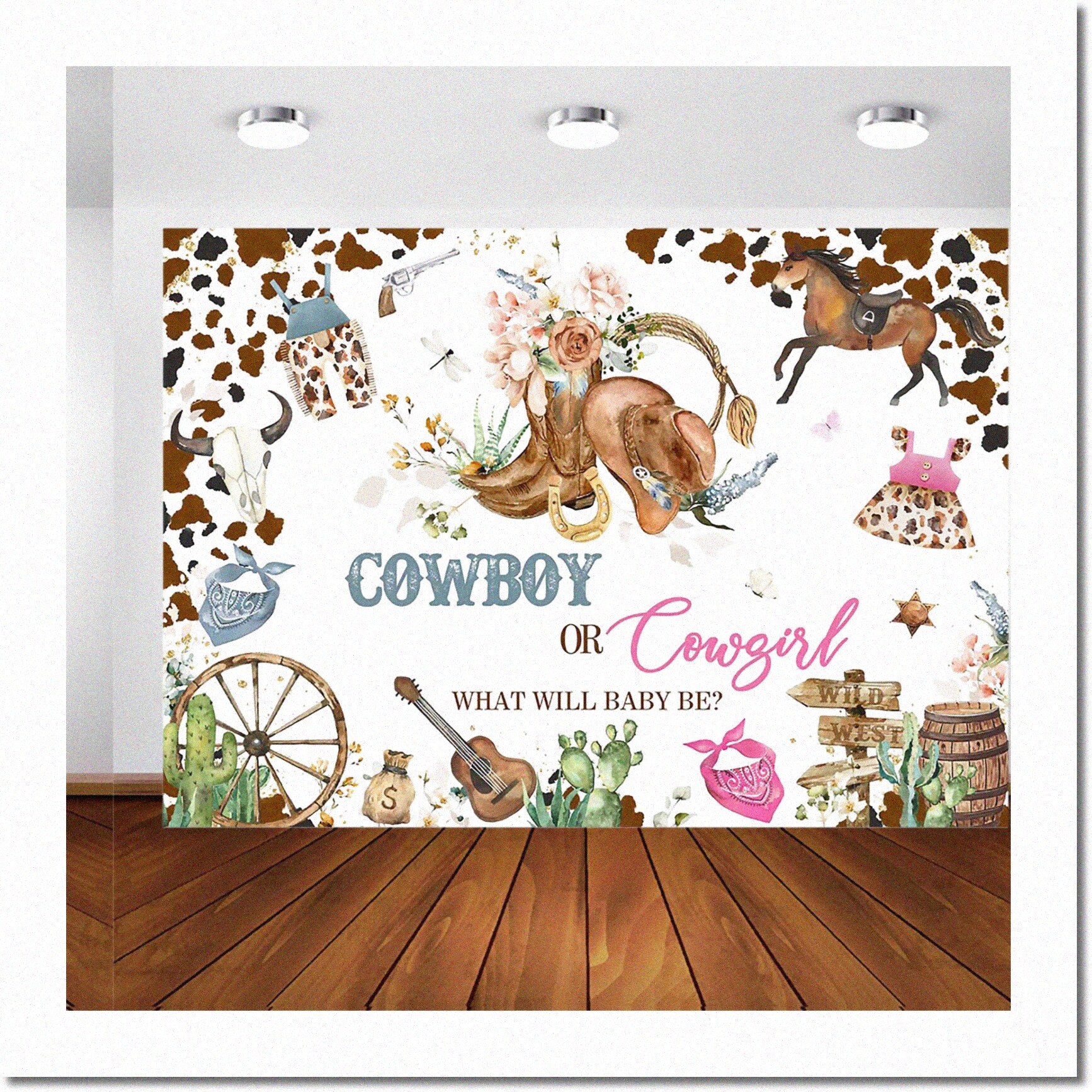 Rodeo Roundup Gender Reveal Backdrop - Western Cow Print Party Banner ...