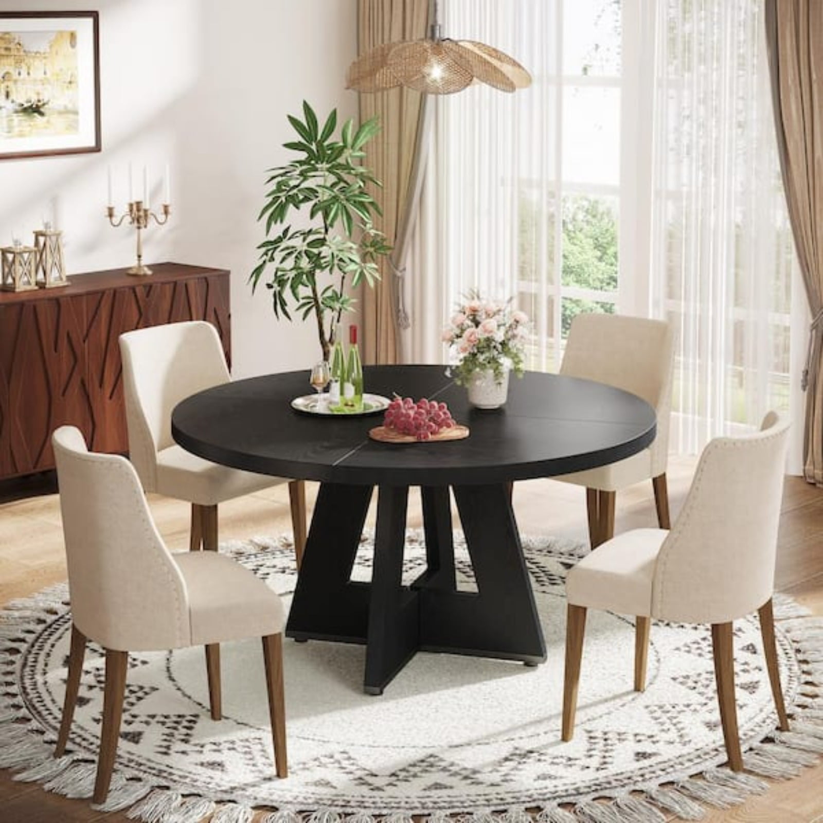 Roessler Farmhouse Black Wood 47 in. W Pedestal Round Dining Table ...