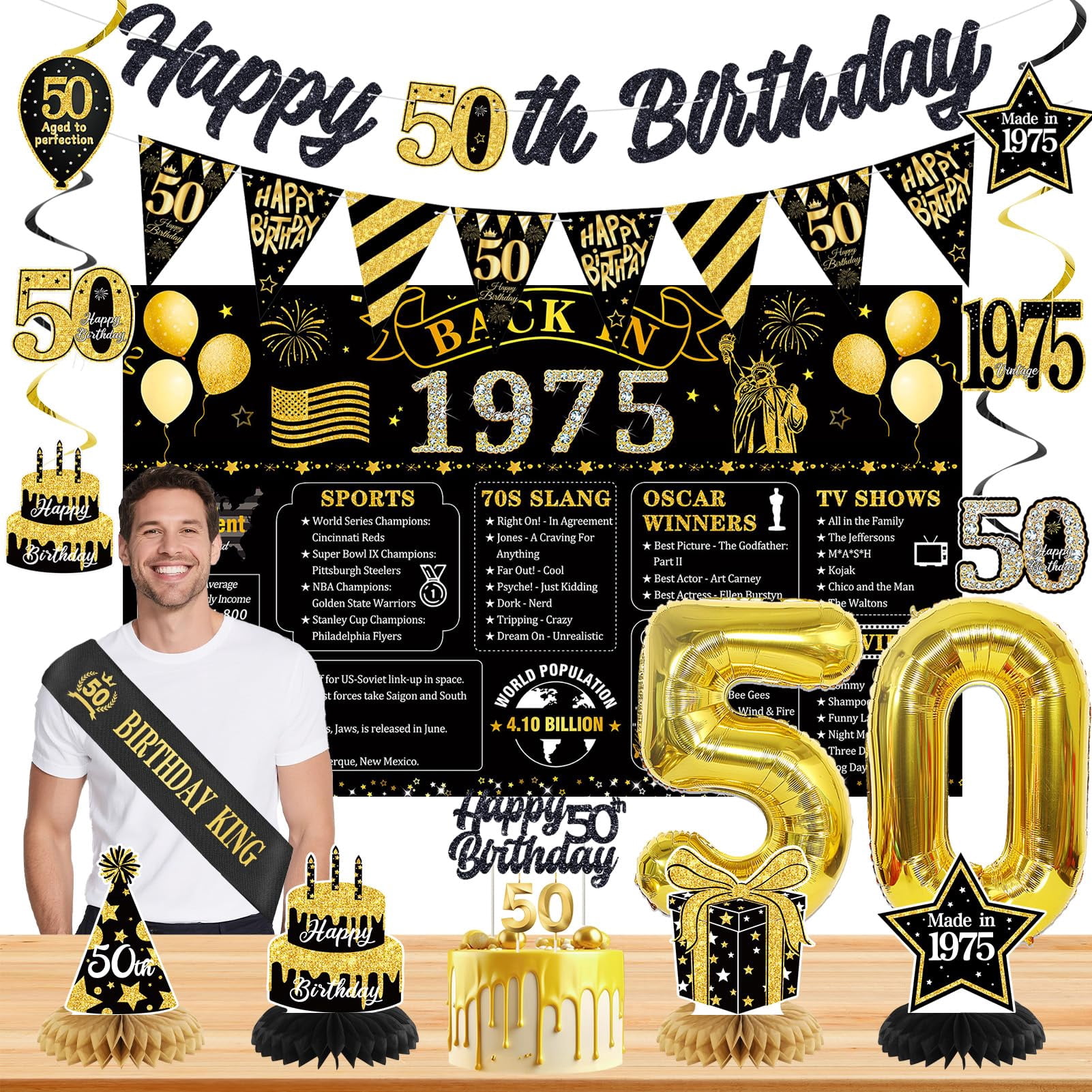 Roetyce 50th Birthday Decorations STF9 Men, Black Gold Back Poster ...