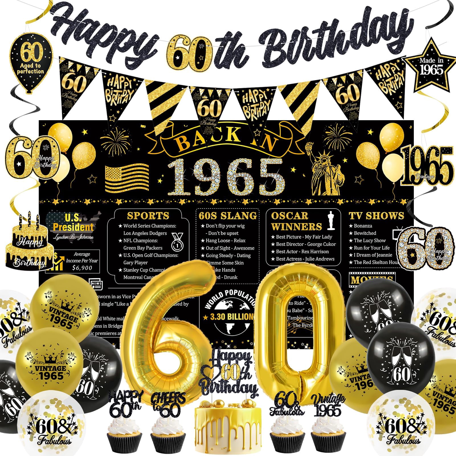Roetyce 60th Birthday Decorations OIF8 Men Women, Black Gold 1965 ...