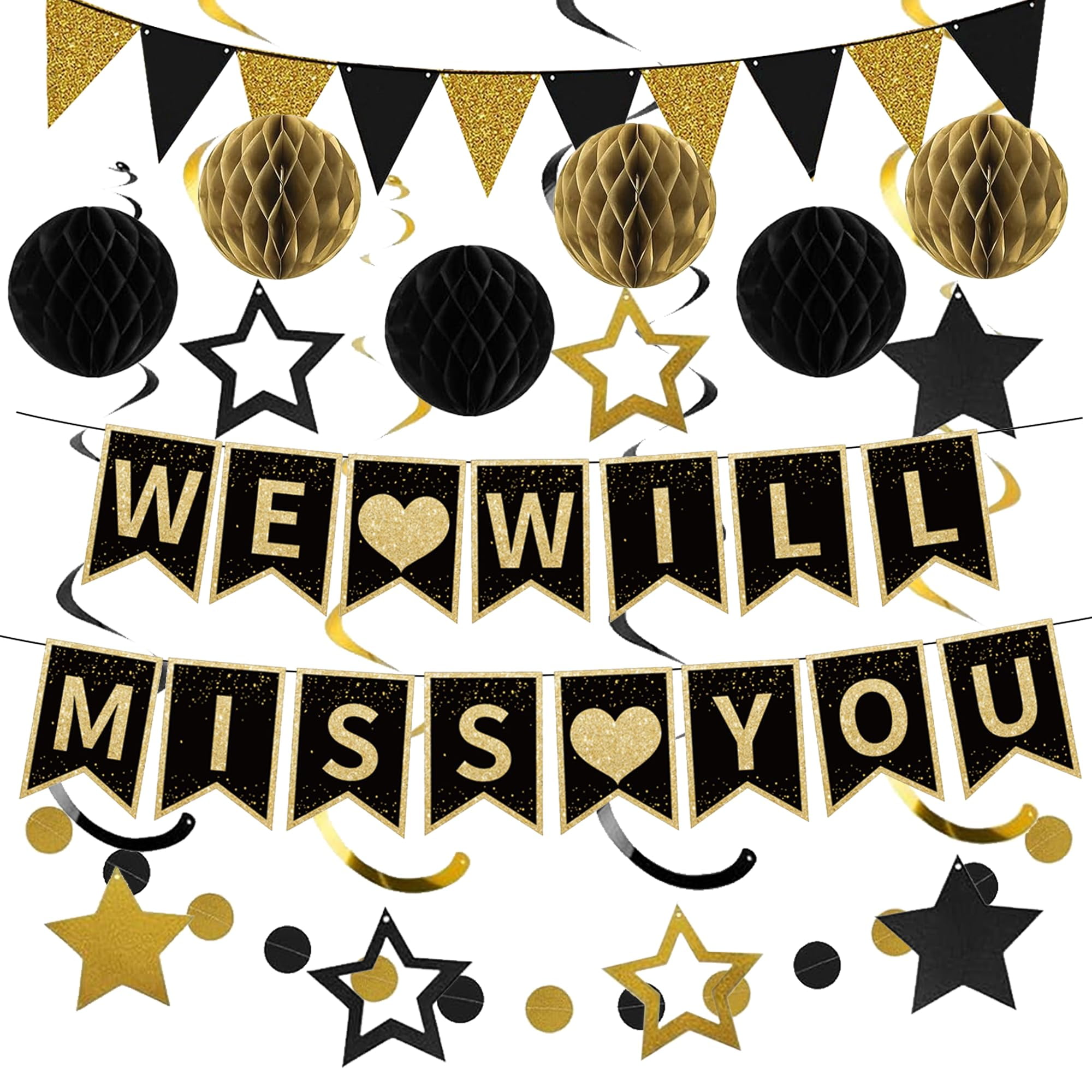 Roetyce Farewell Party CORNET Decorations, Black Gold We Will You Banner Hanging Swirls Kit ...