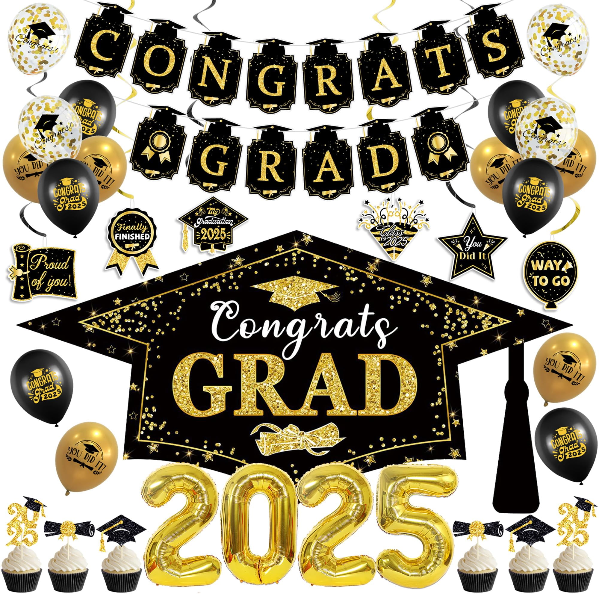 Roetyce Graduation Party Decorations, MMF7 Black Gold Congrat Grad Banner Balloons Hanging ...
