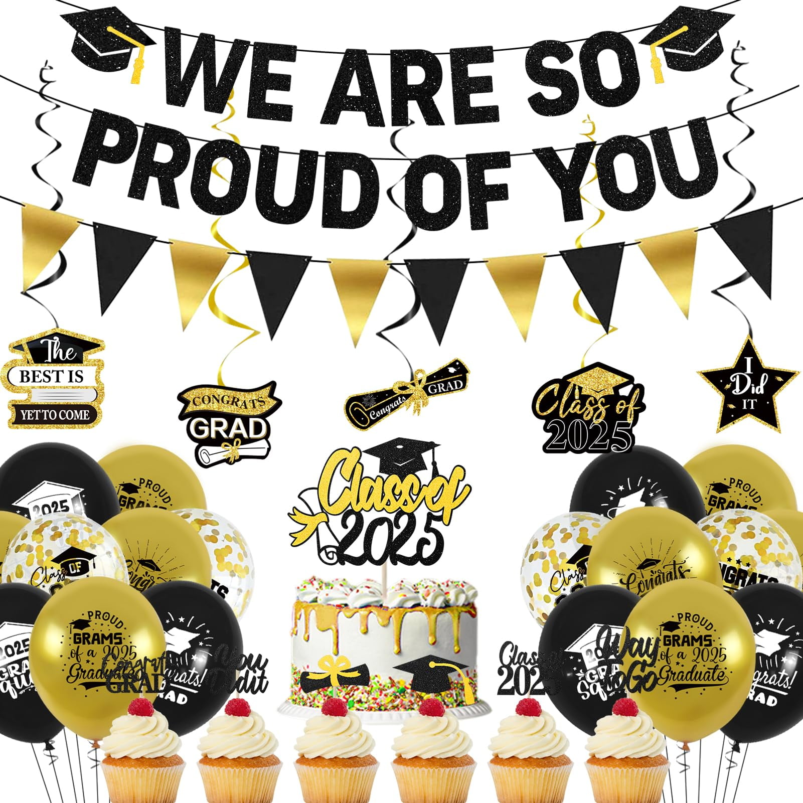 Roetyce Graduation Party Decorations, OIF8 Black Gold We Are So Proud of You Banner Cake Toppers ...