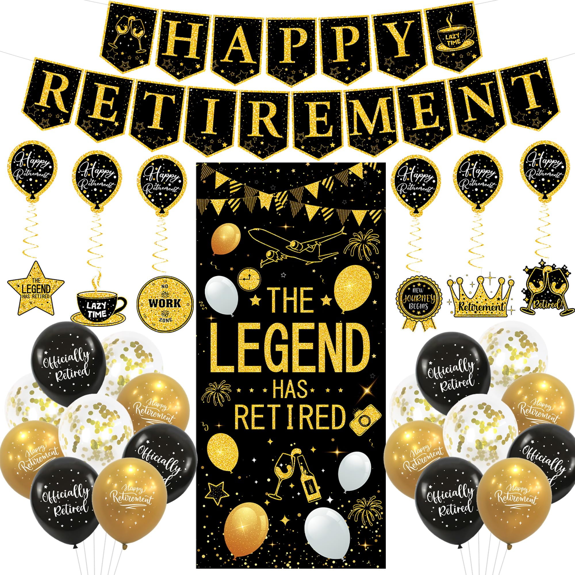Roetyce Retirement Party Decorations for Men Women, Black Gold Happy ...