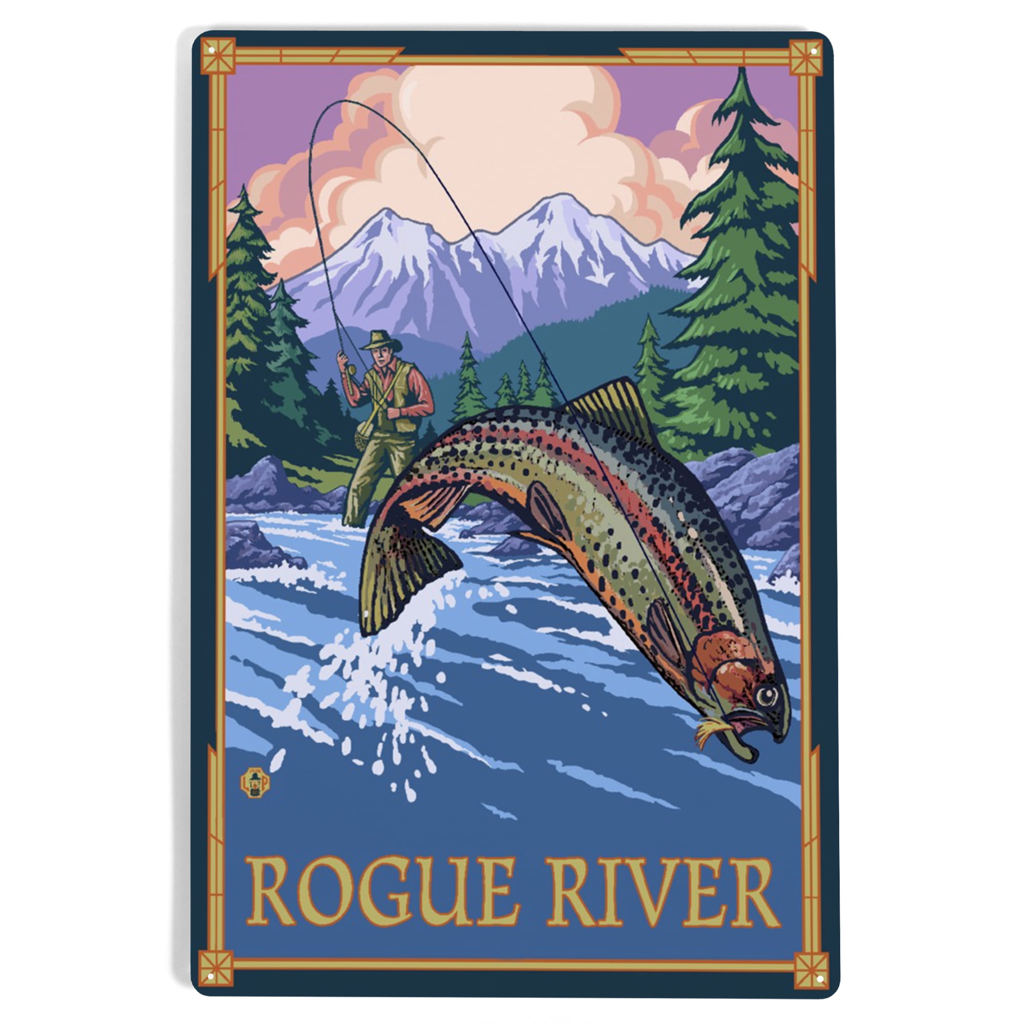 Rogue River, Oregon, Fly Fisherman and Fish Jumping (12x18 Aluminum Art ...