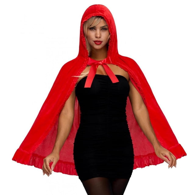 Rohuuque Unisex Short Red Velvet Cape with Ruffle Trim Gothic Hooded ...