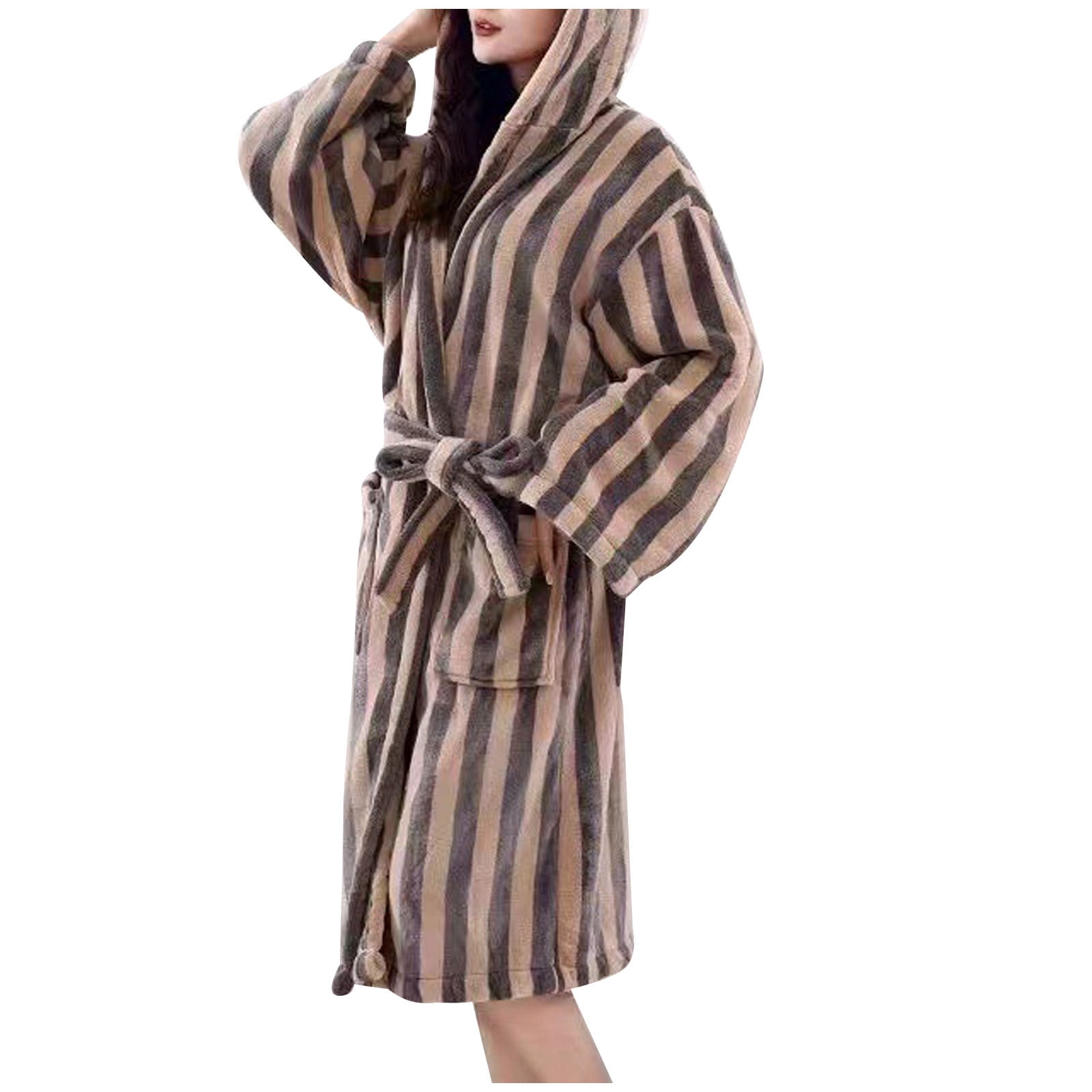 Rohuuque Women's Hooded Robes Striped Long Plush Bathrobes Thick Warm ...