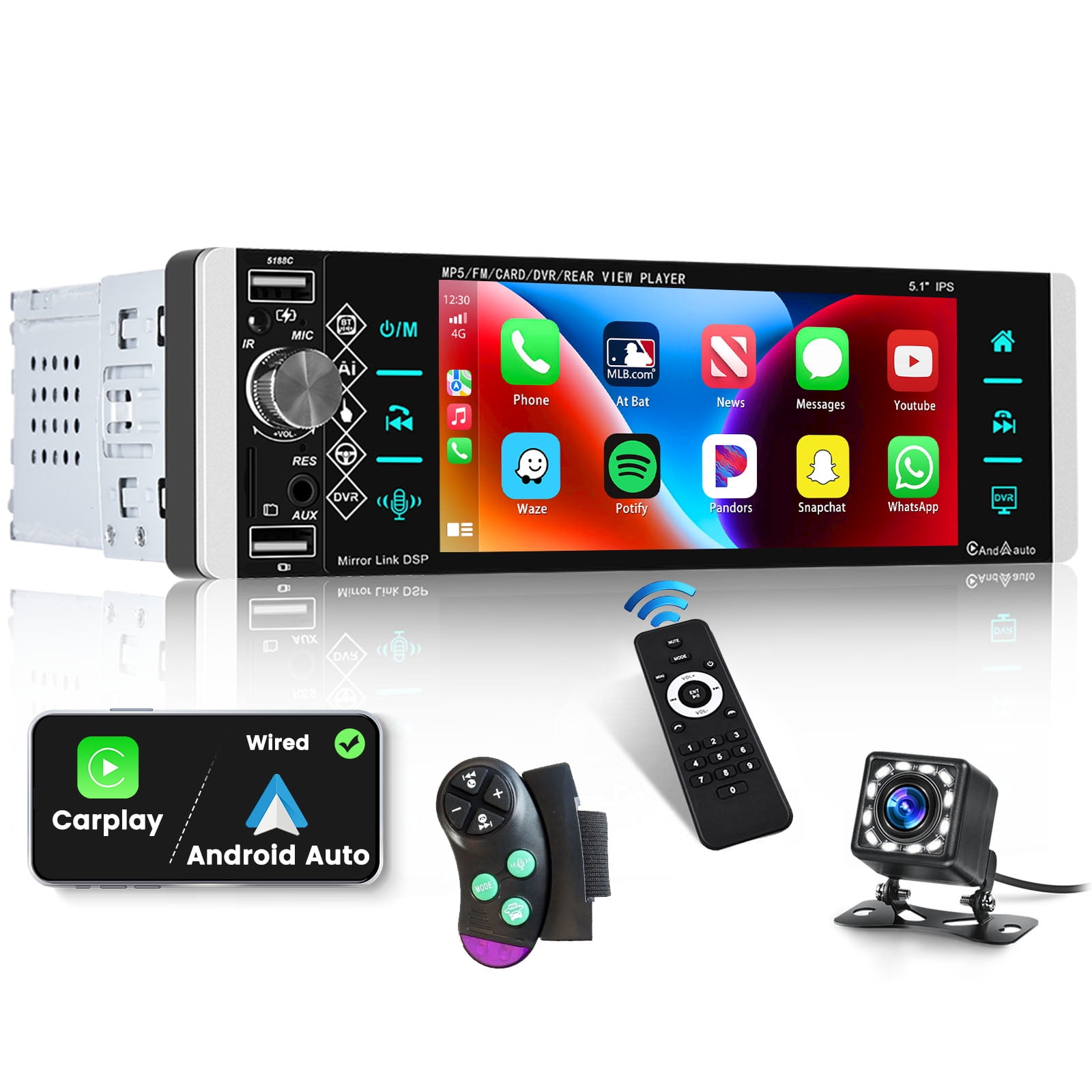 Hikity Single Din Car Stereo with Carplay, Android Auto, 5.1'' Screen ...