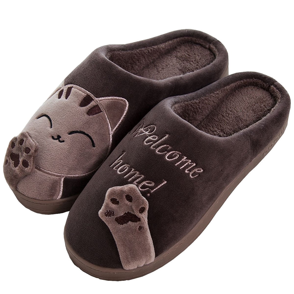 Rojeam Ladies Cute Cat Animal Plush Slip On Winter Warm Bedroom Shoes ...