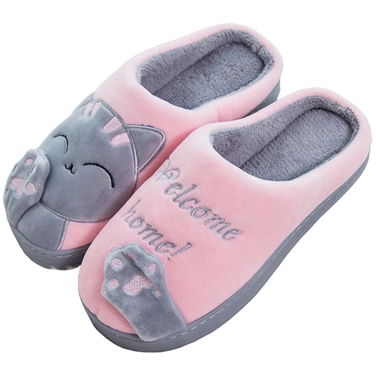 Rojeam Ladies Cute Cat Animal Plush Slip On Winter Warm Bedroom Shoes ...