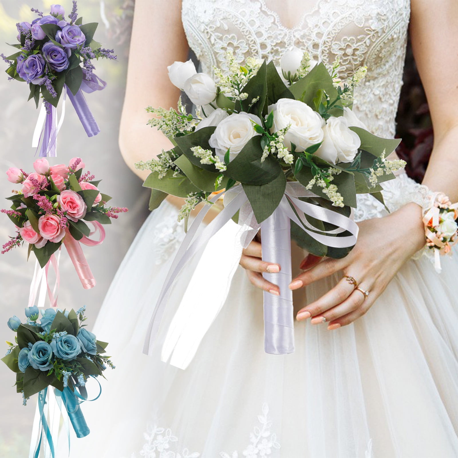 Rojia 10 Inch Artificial Flowers Wedding Bouquets for Bridesmaid, Rose ...