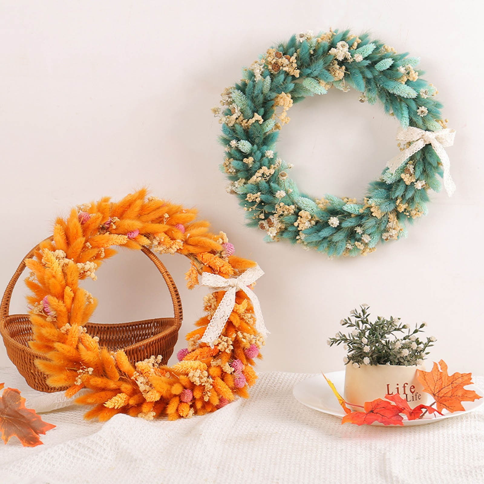 Rojia 13.8 Inch Fall Wreaths for Front Door Bunny Tails Dried Flowers ...