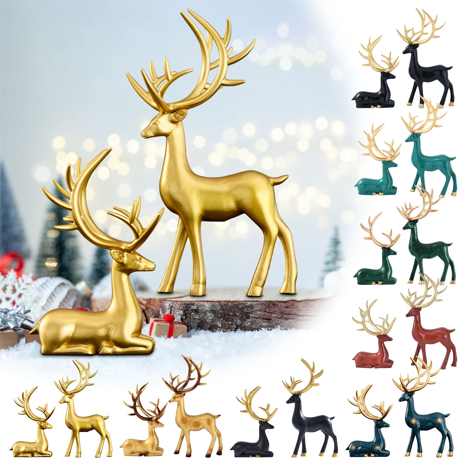 2Pcs Christmas Reindeer Figurines Decorations Resin Sitting & Standing ...
