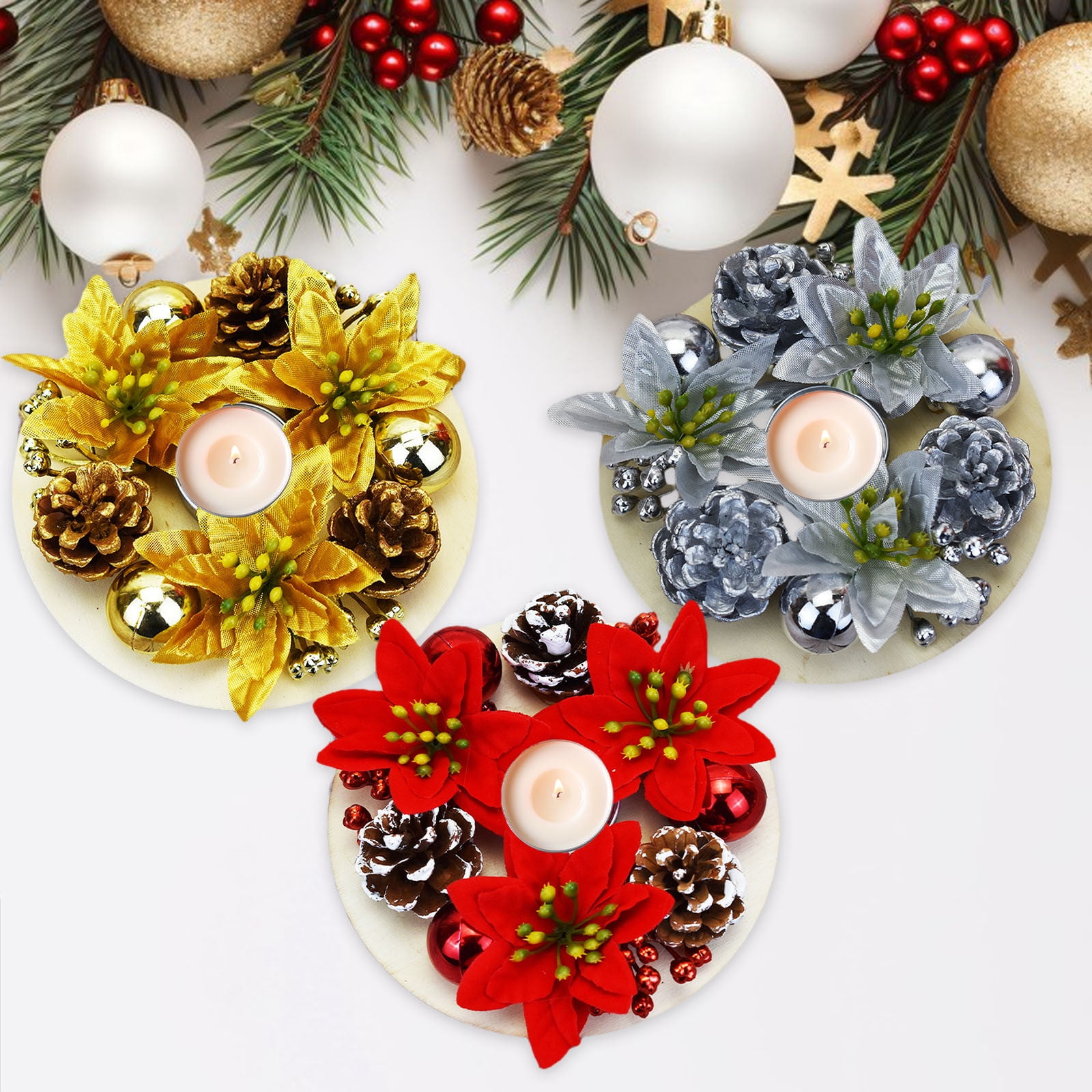 Christmas Candle Garland Rings, Artificial Poinsettia Flower Candle ...