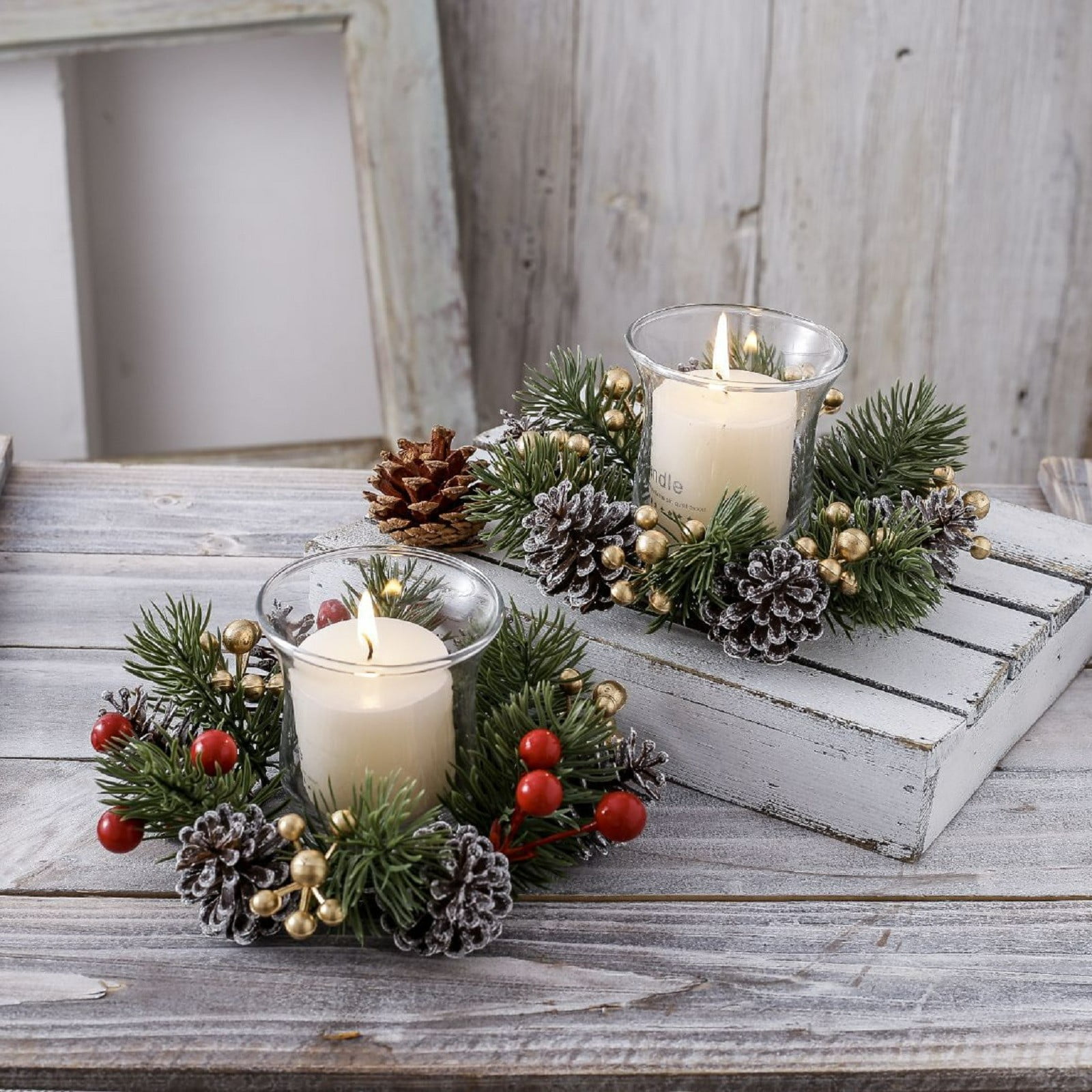 Christmas Candle Ring, 7.8" x 7.8" Small Artificial Red Berry Pinecones ...