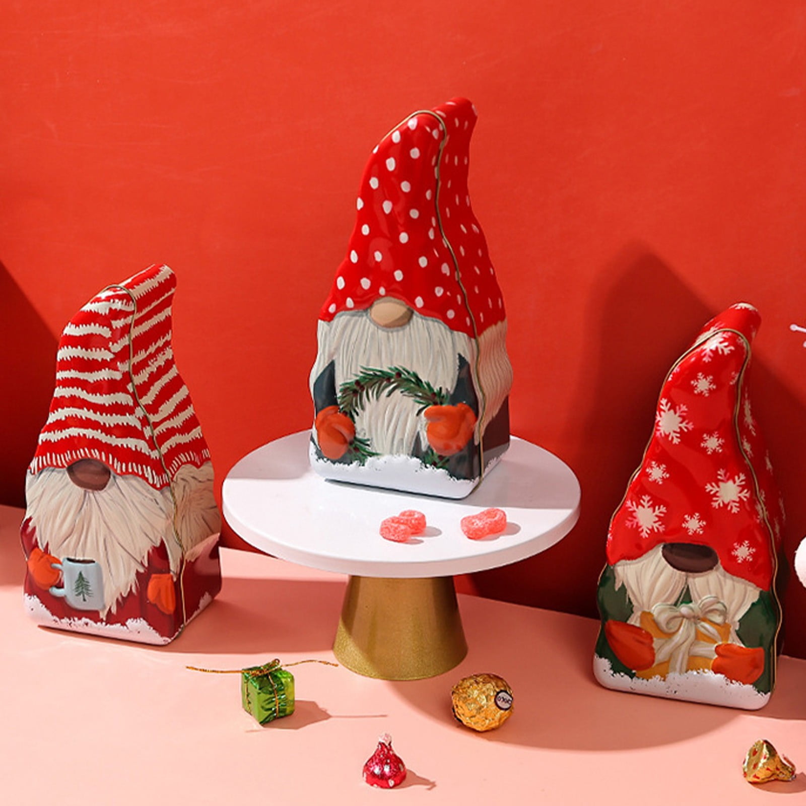 Christmas Food Tin Box Stripe Dot Snowflake Gnome Design Candy Tin ...
