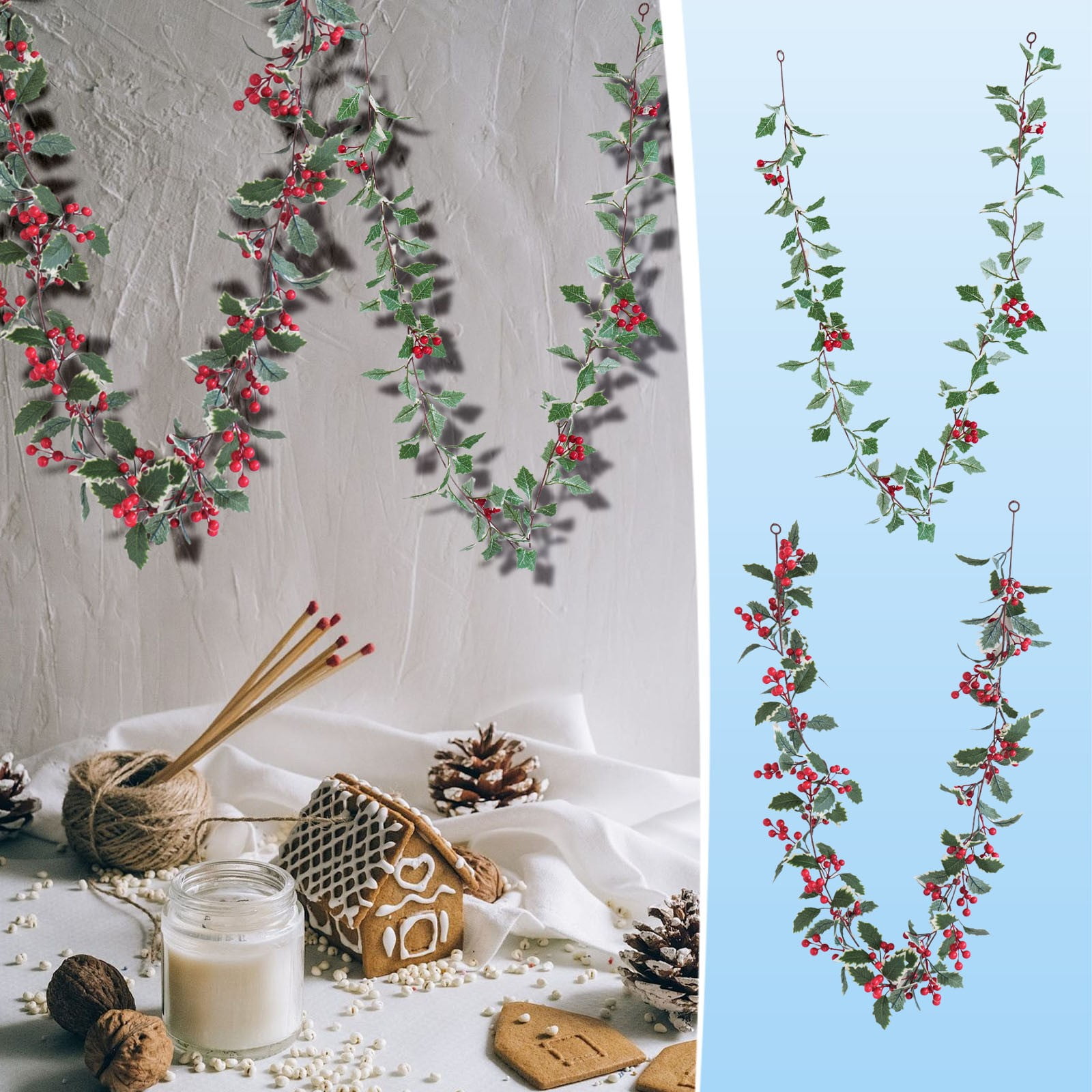 Christmas Garland Red Berry Leaf Garland Artificial Holly Leaves ...