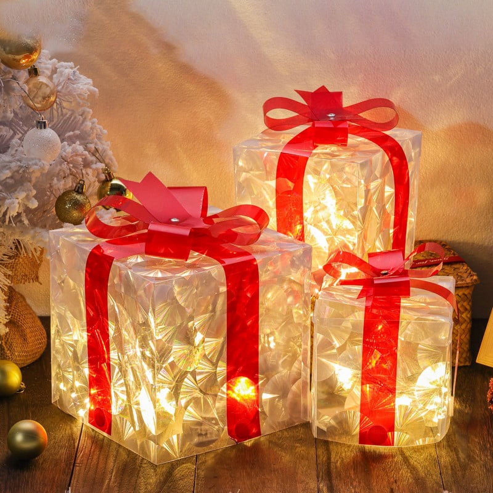 Christmas Lighted Gift Boxes with pre-lit led Lights, Transparent Warm ...