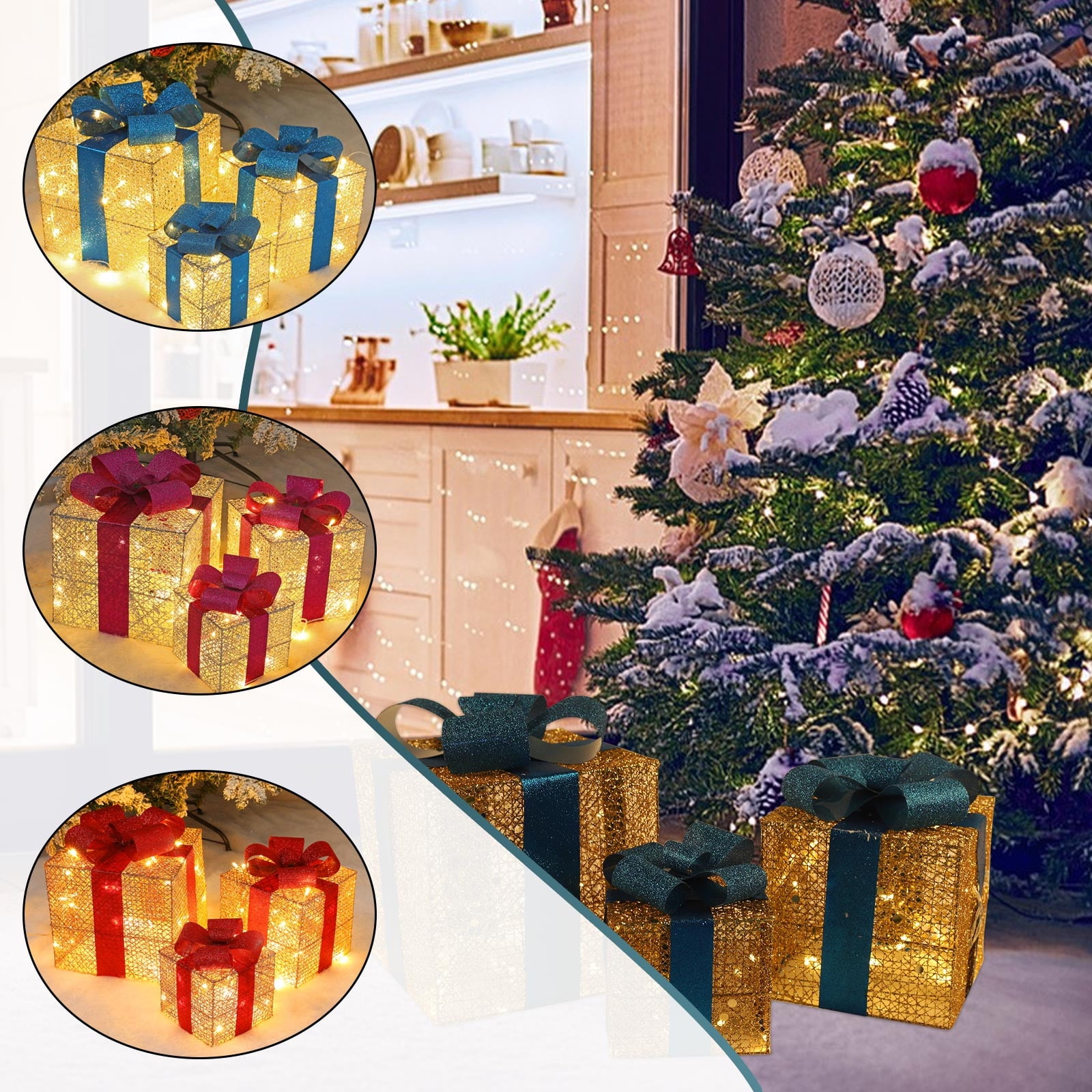 Christmas Set of 3 Lighted Gift Boxes Decorations, 80 LED Warm White ...