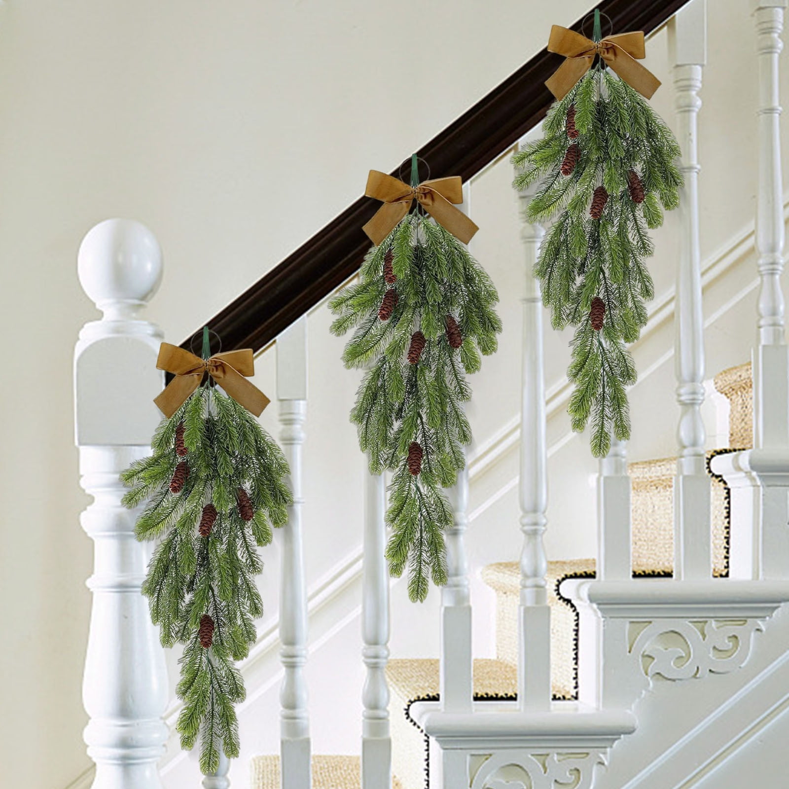 Christmas Teardrop Swags Winter Rustic Pine Needles Swag with Pine Cones Velvet Bow Artificial ...