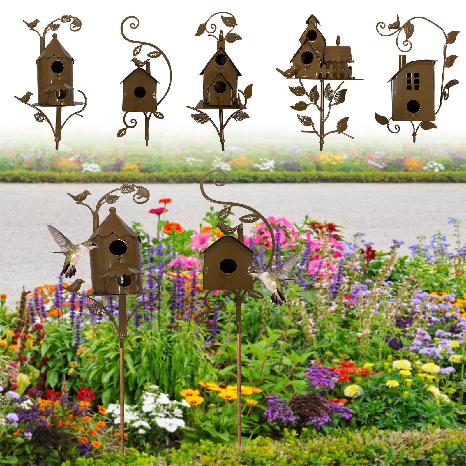 Copper Color Bird House Garden Stake with Farmhouse Style Roof, Outdoor ...