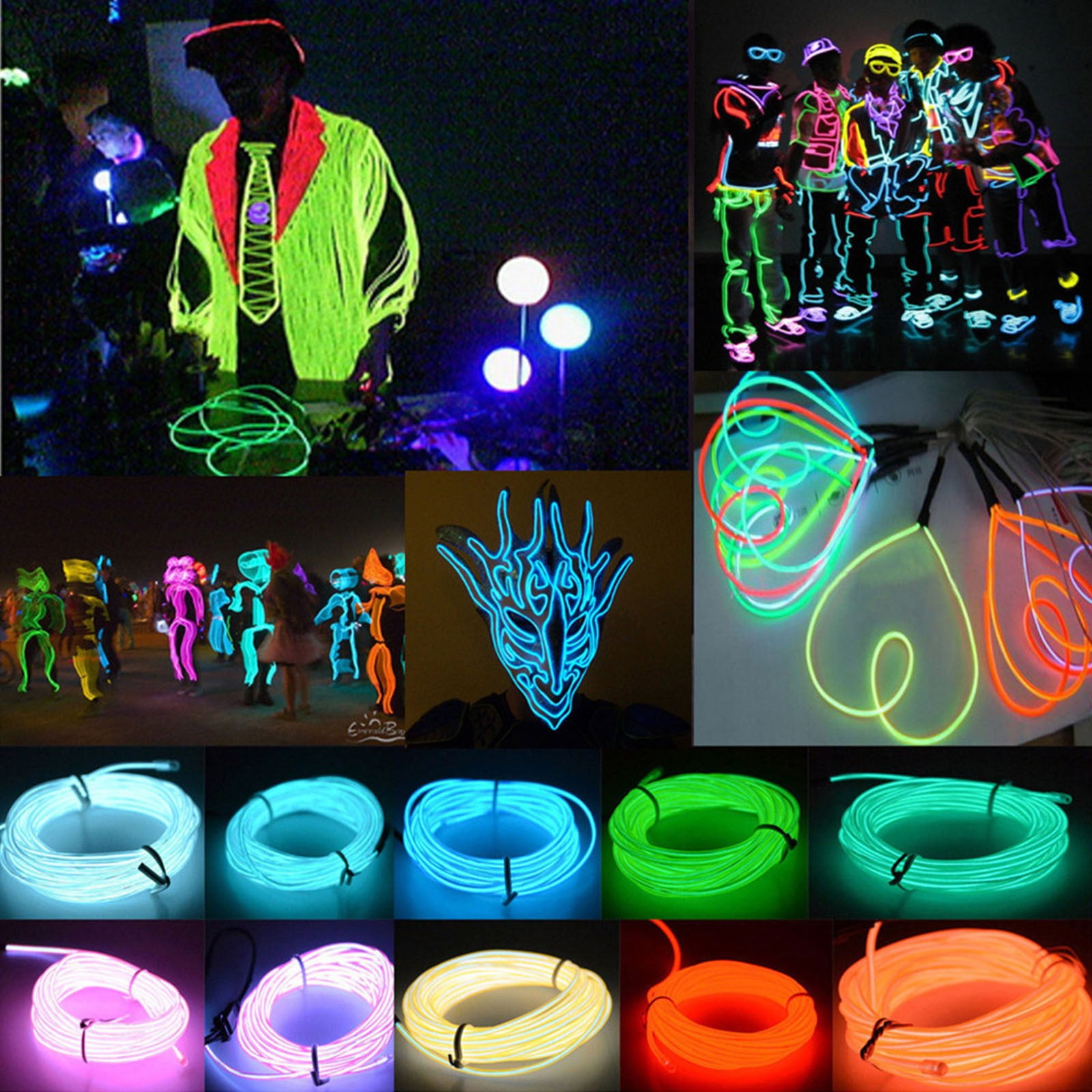 EL Wire Battery Pack, 16.4ft / 5M Bright Neon Light Strip 360掳 ...