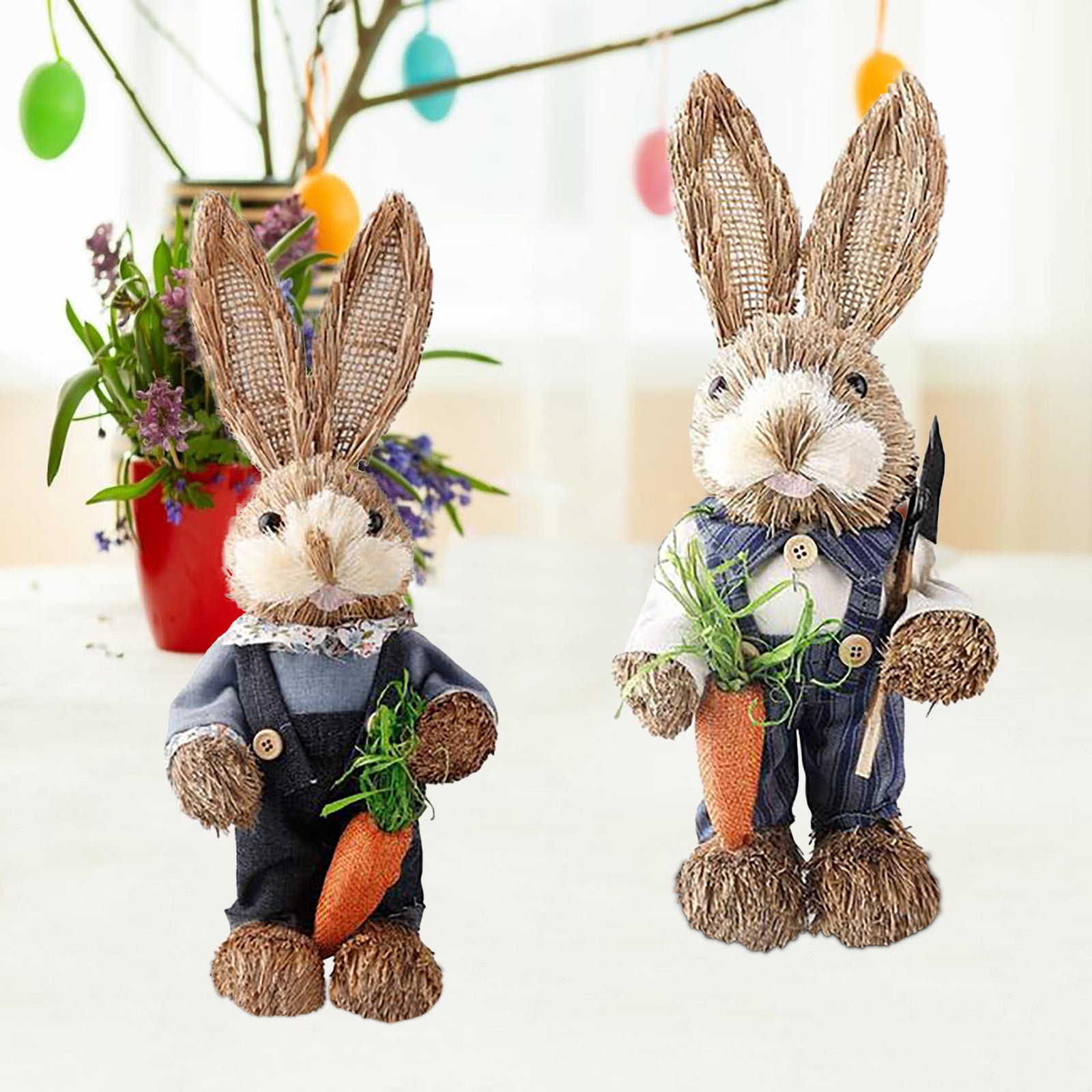 Easter Bunny Statue Tabletop Decor, Standing Straw Rabbit Figurines ...