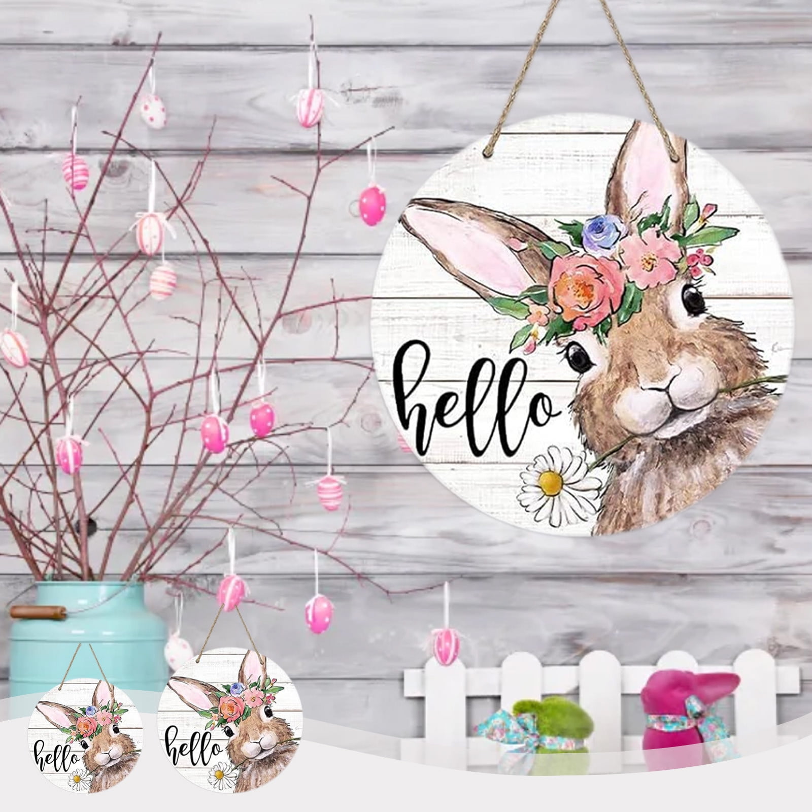 Hello Easter Bunny Sign for Front Door Decor, Flowers Wood Door Hanger ...
