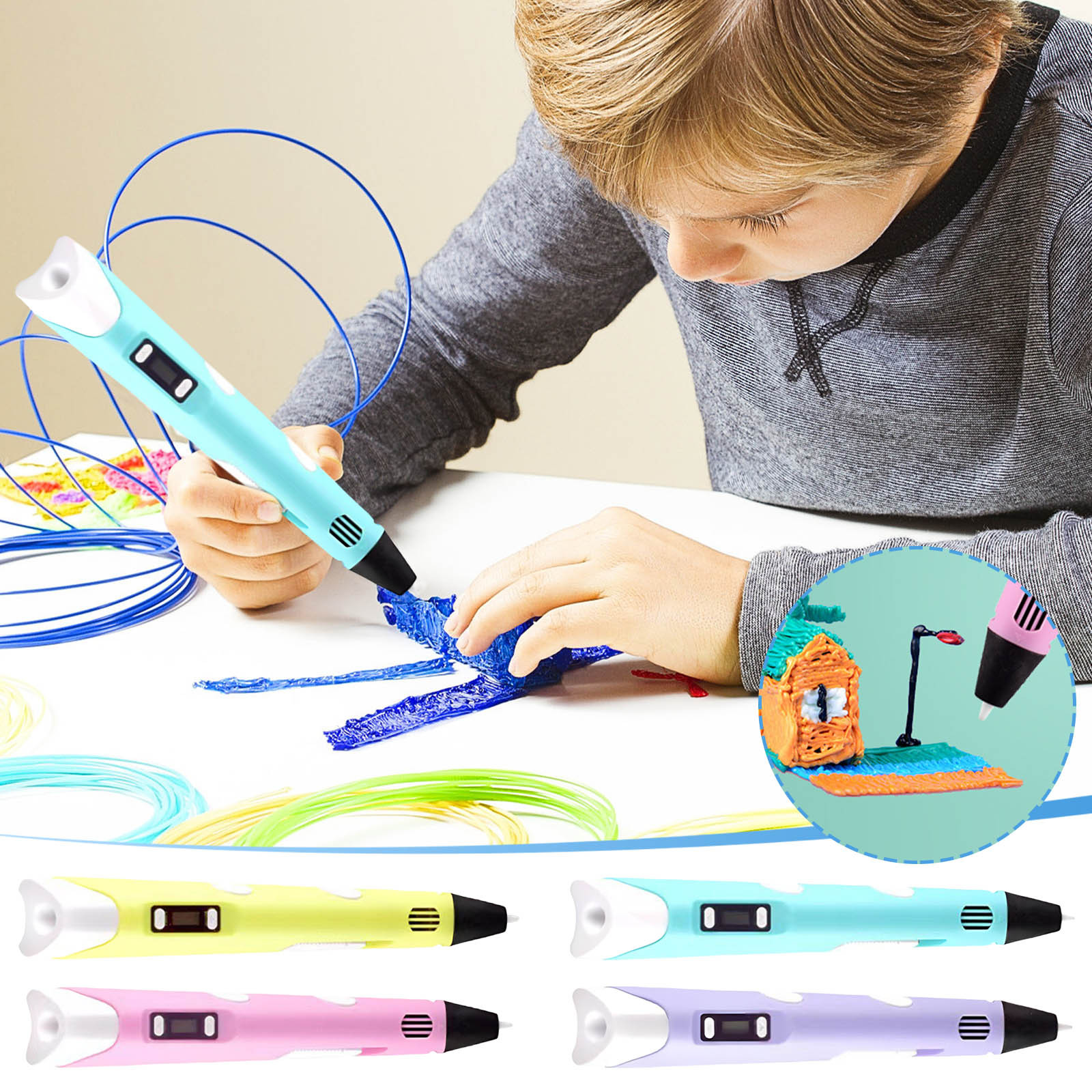 Rojia Printing Pen with Display, Includes 3D Pen, 3 Colors of PLA ...