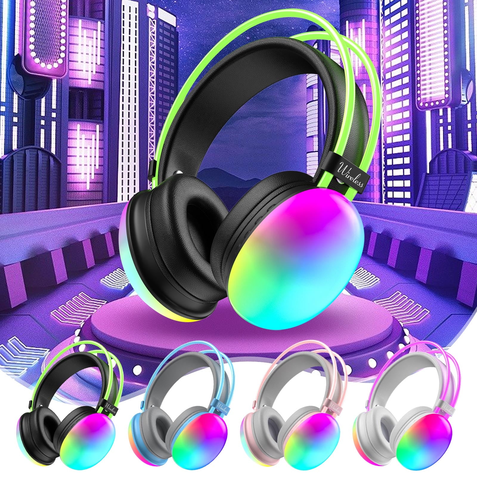 Wireless Silent Colorful Headphones, Multicolor LED Lights, Bluetooth 5 ...