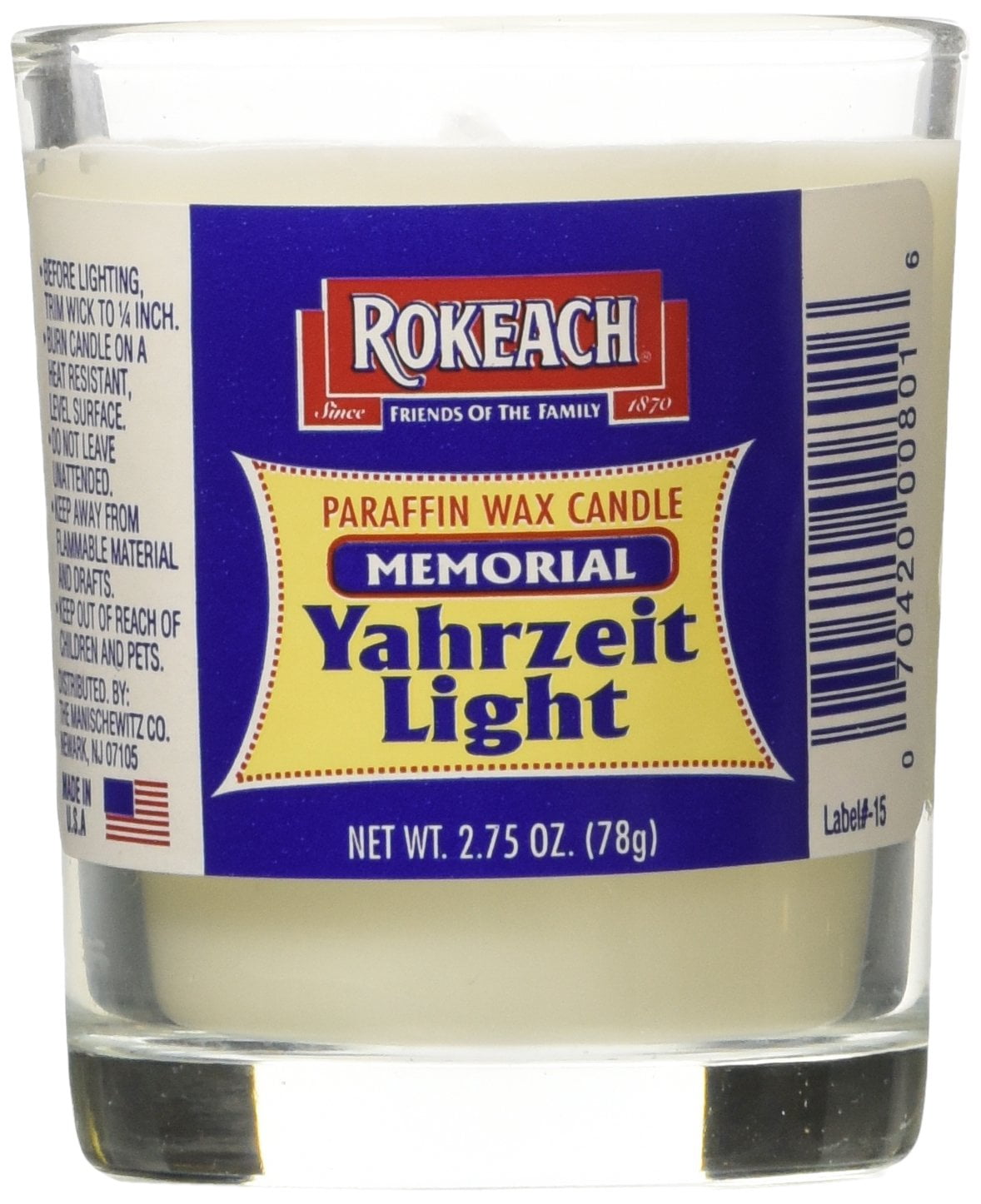 Rokeach Memorial Yahrzeit Light Paraffin Wax Candle, 24-hour Burn, 1 ...