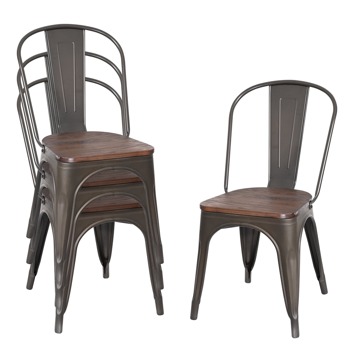 RokiaTek 4 Pcs Metal Dining Side Chair Wood Seat，Stackable Chairs ...