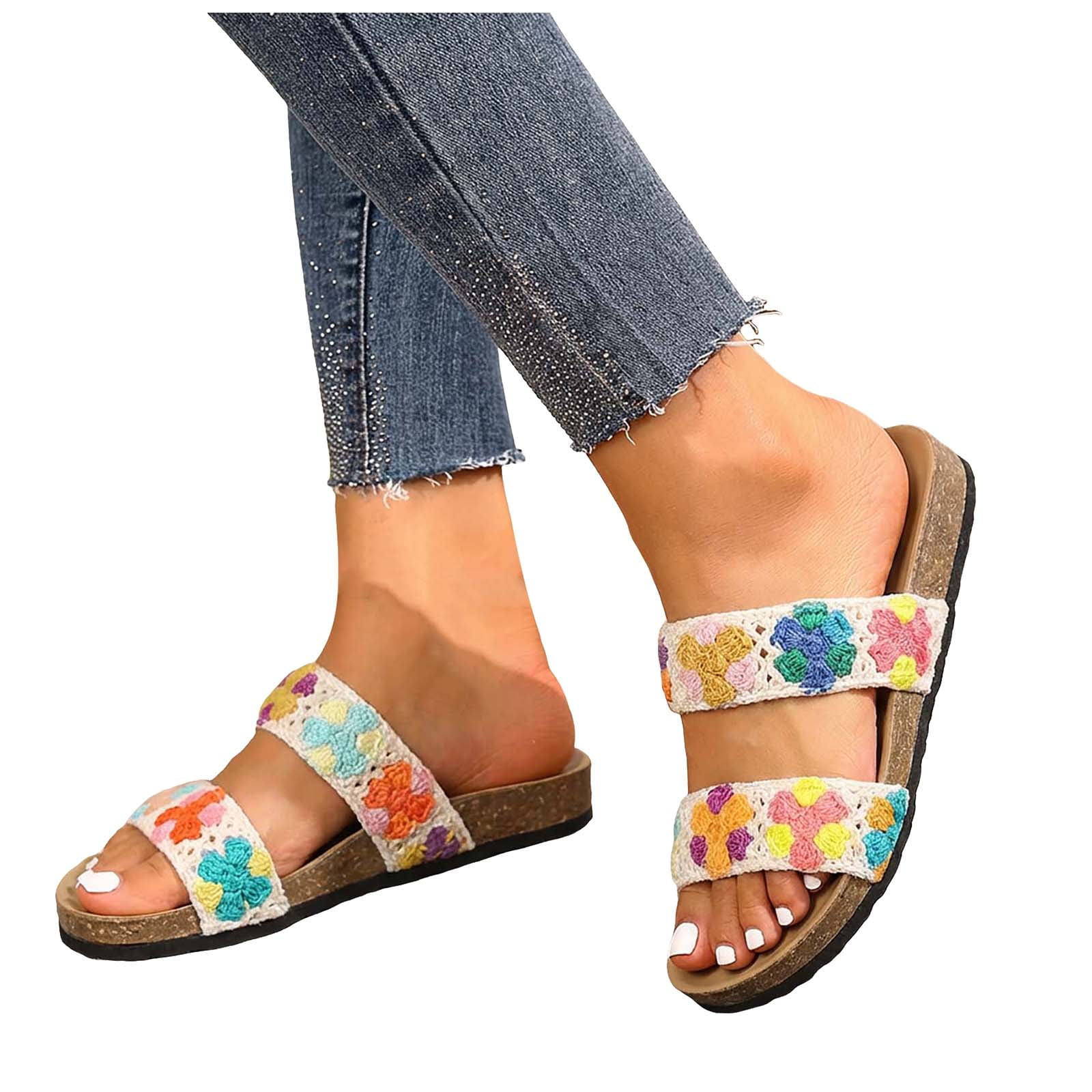 Rokment Flower Crochet Cork Footbed Slides Sandals for Women 2026 ...